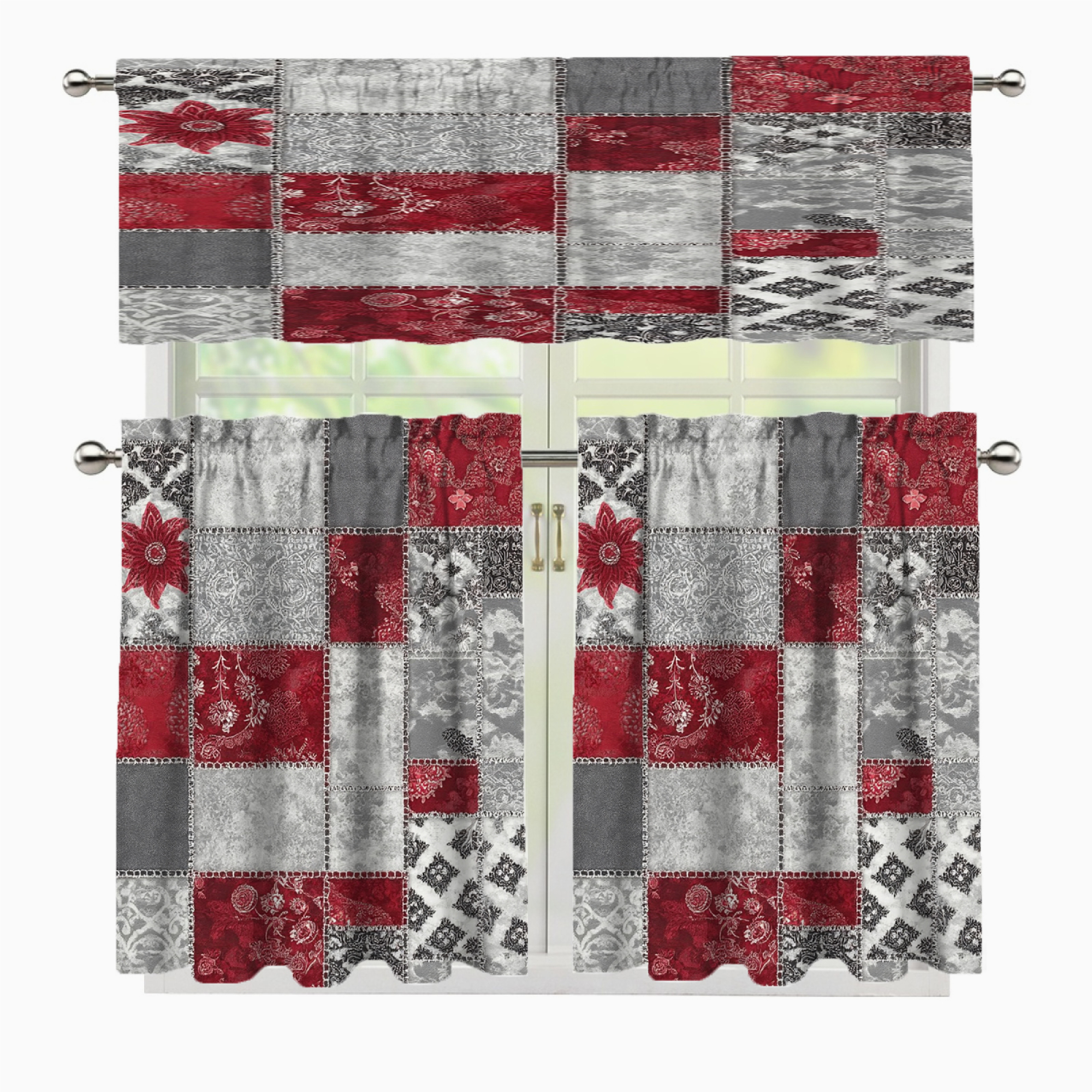 3 Pcs Kitchen Curtains Valance and Tiers Set Red grey patchwork textile ...