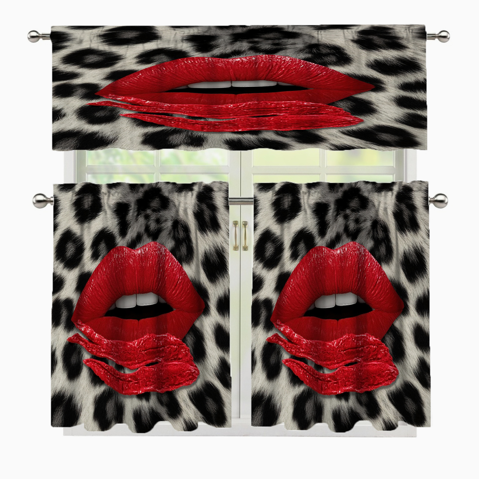 3 Pcs Kitchen Curtains Valance and Tiers Set Red lips leopard print ...