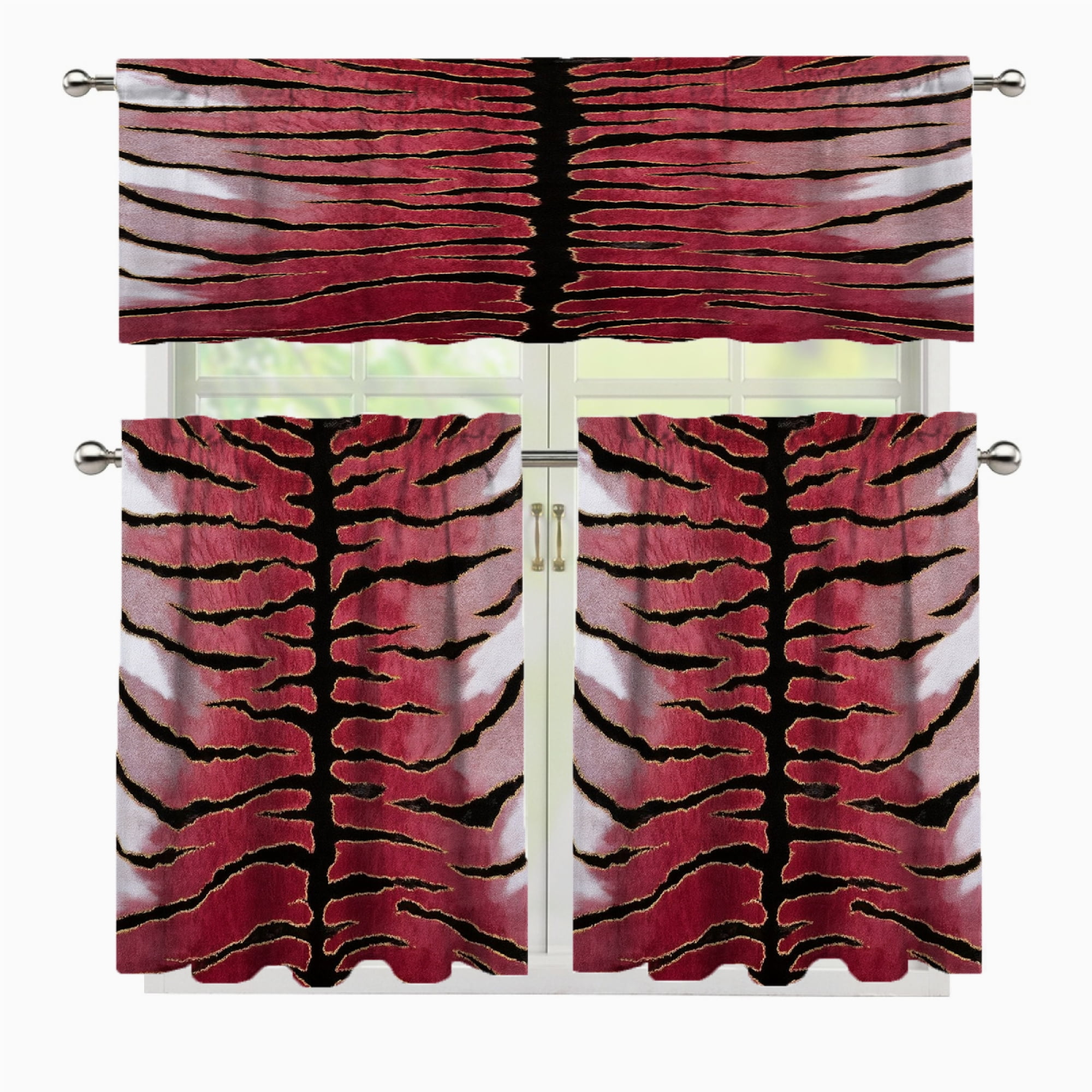 3 Pcs Kitchen Curtains Valance and Tiers Set Red tiger stripe velvet ...