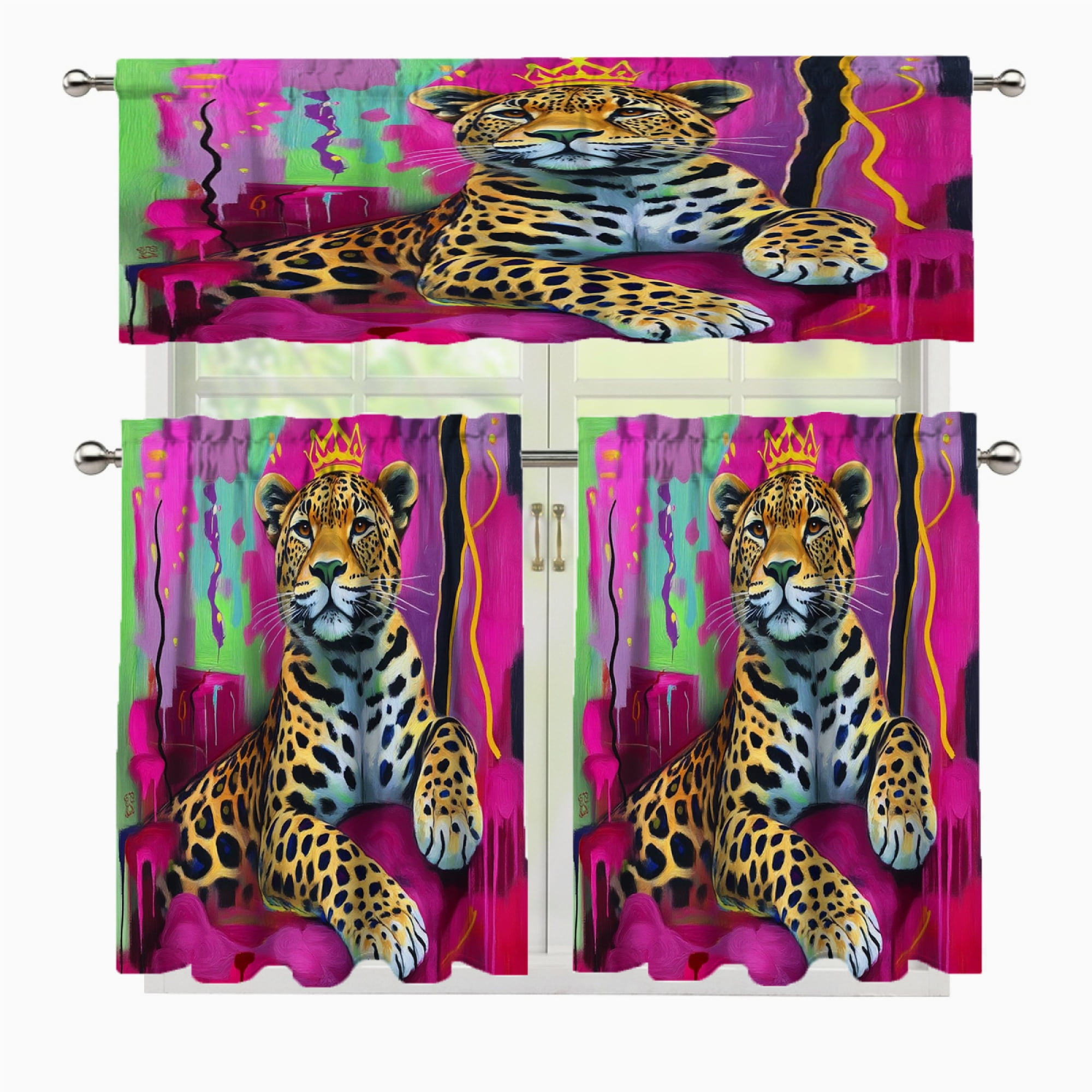 3 Pcs Kitchen Curtains Valance and Tiers Set Regal leopard vibrant ...
