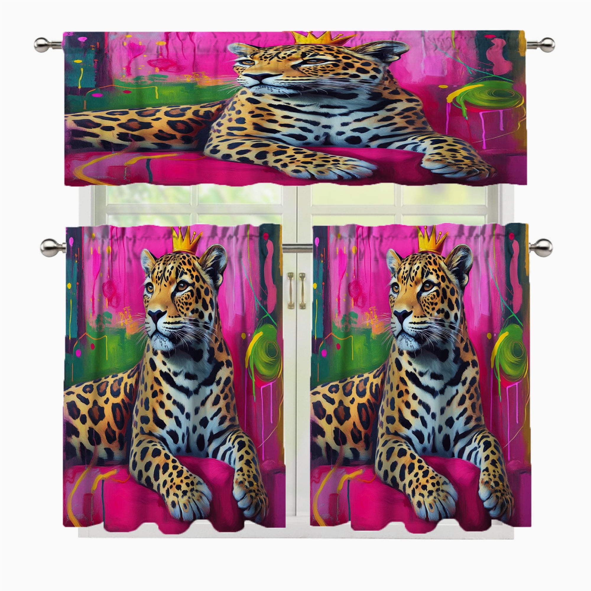 3 Pcs Kitchen Curtains Valance and Tiers Set Regal leopard wears golden ...