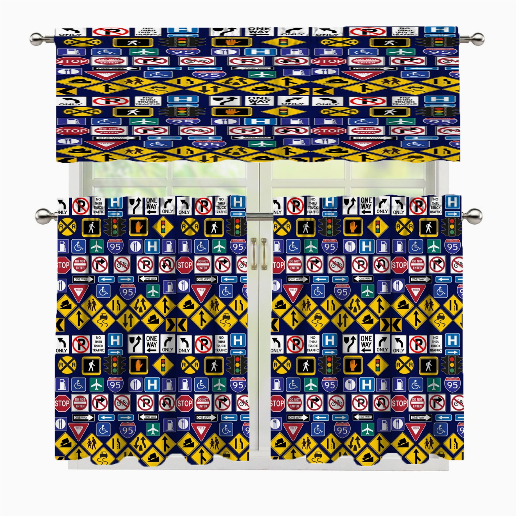 3 Pcs Kitchen Curtains Valance and Tiers Set Road Signs, Regulations ...