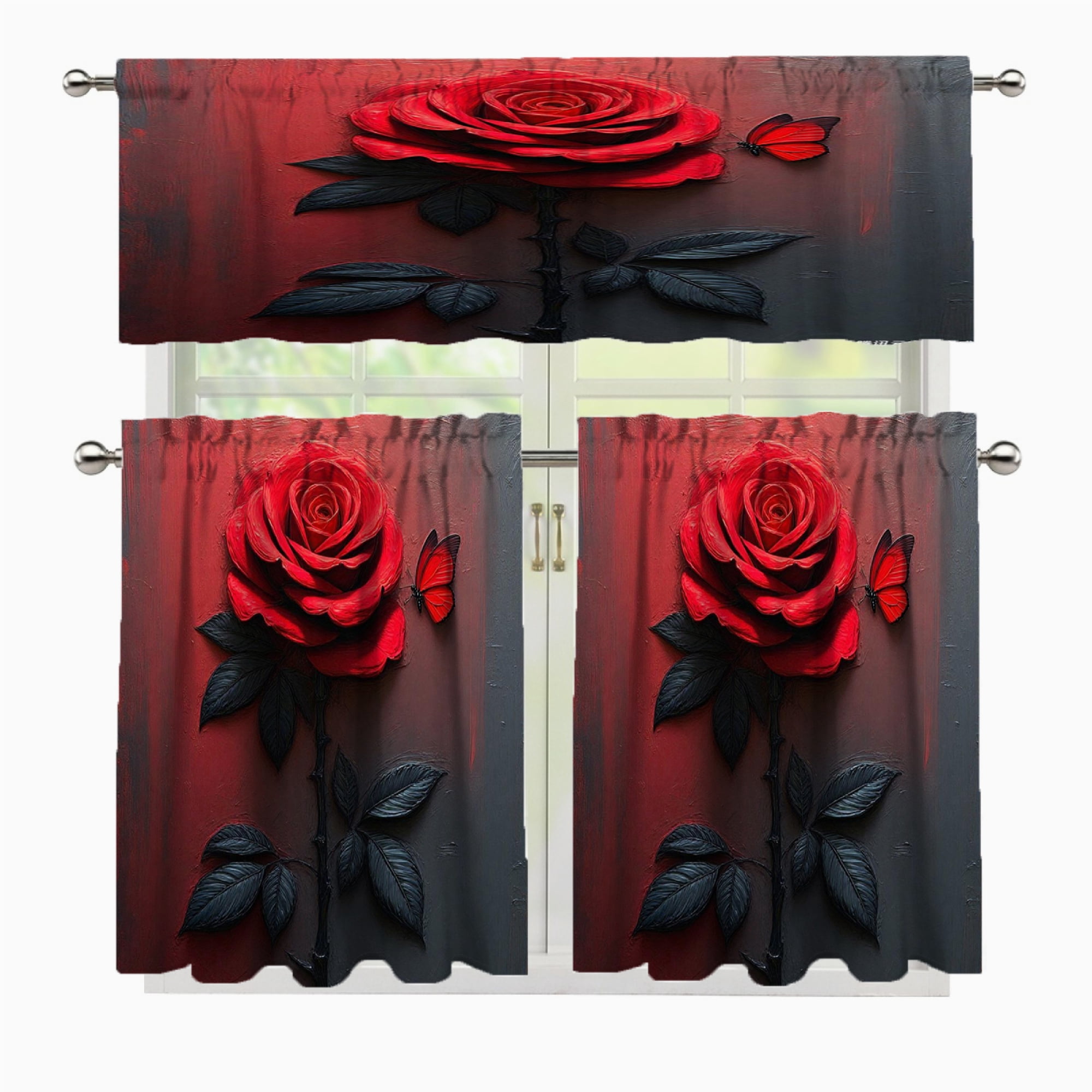 3 Pcs Kitchen Curtains Valance and Tiers Set Romantic Rose red and Grey ...