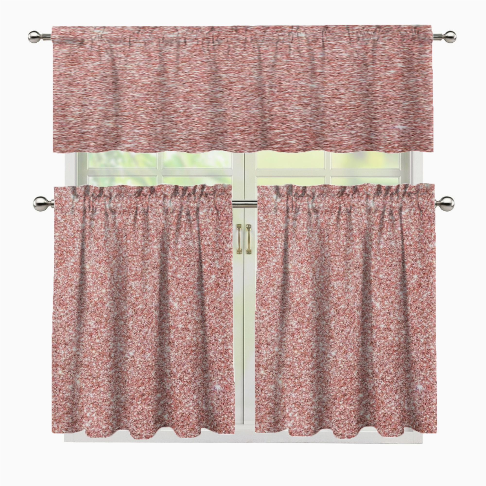 3 Pcs Kitchen Curtains Valance and Tiers Set Rose Gold Pink Red Glitter ...