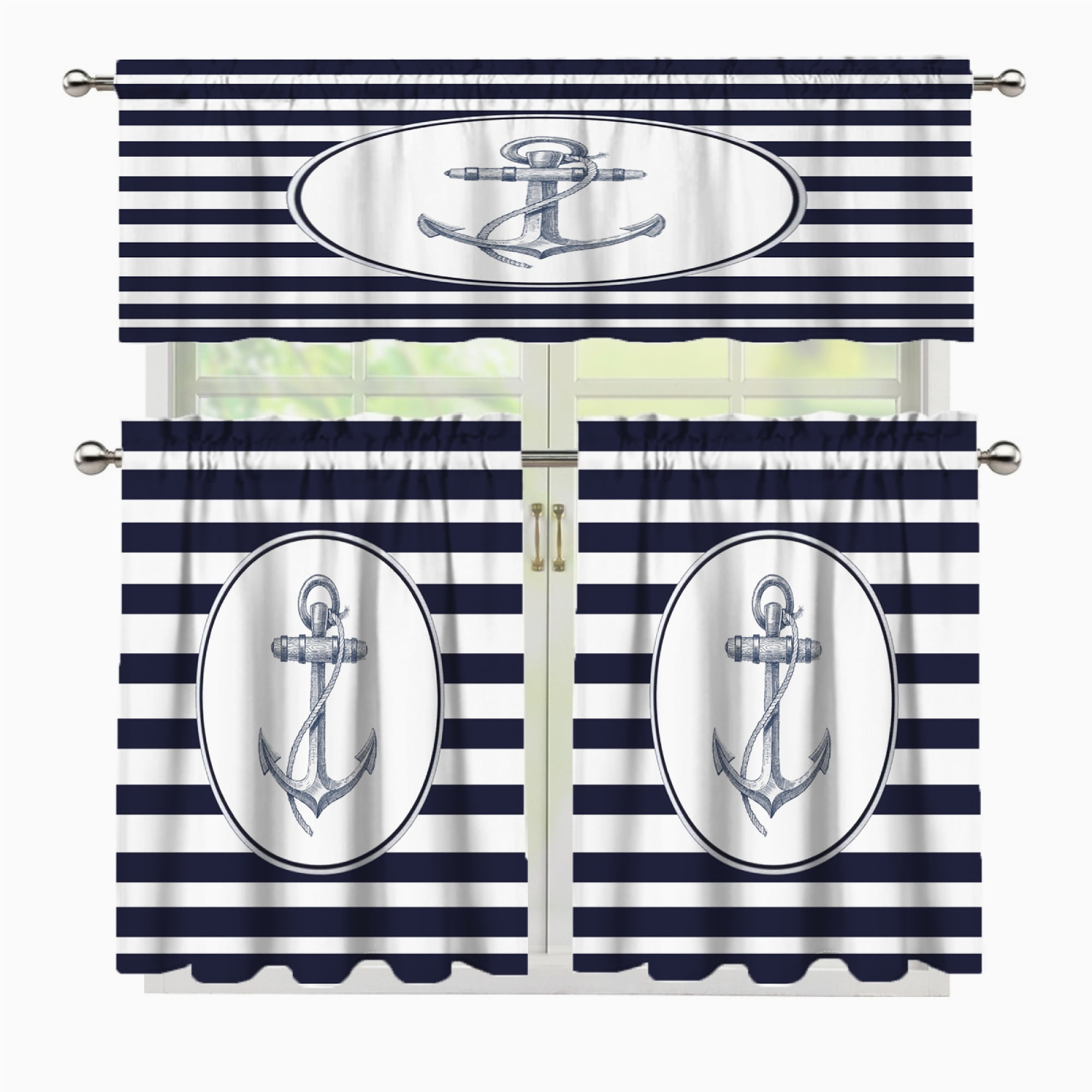 3 Pcs Kitchen Curtains Valance and Tiers Set Round Marine Emblem With ...