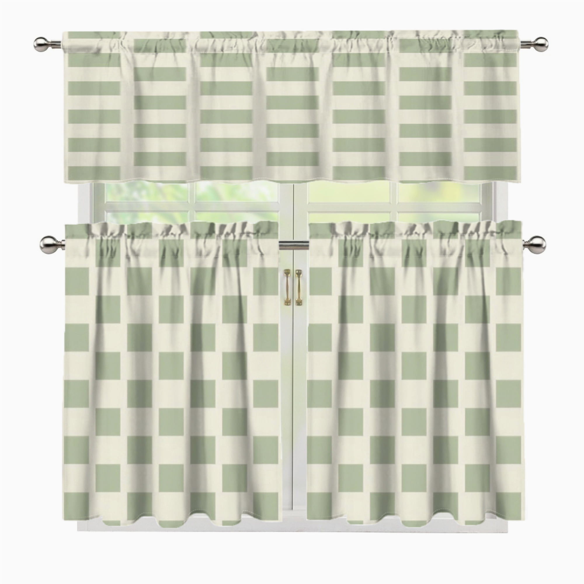 3 Pcs Kitchen Curtains Valance and Tiers Set Sage green rectangle ...
