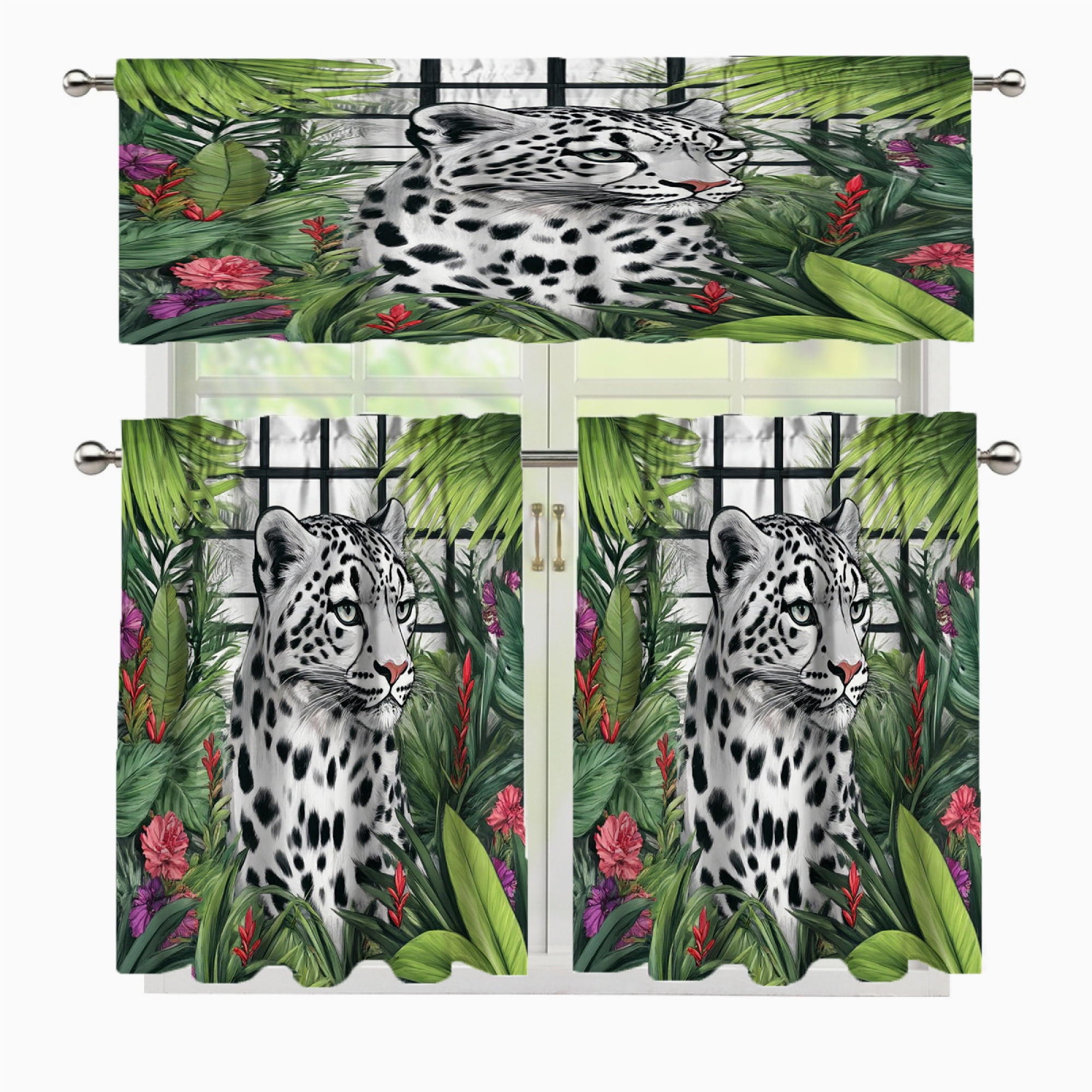 3 Pcs Kitchen Curtains Valance and Tiers Set Snow leopard lush jungle ...