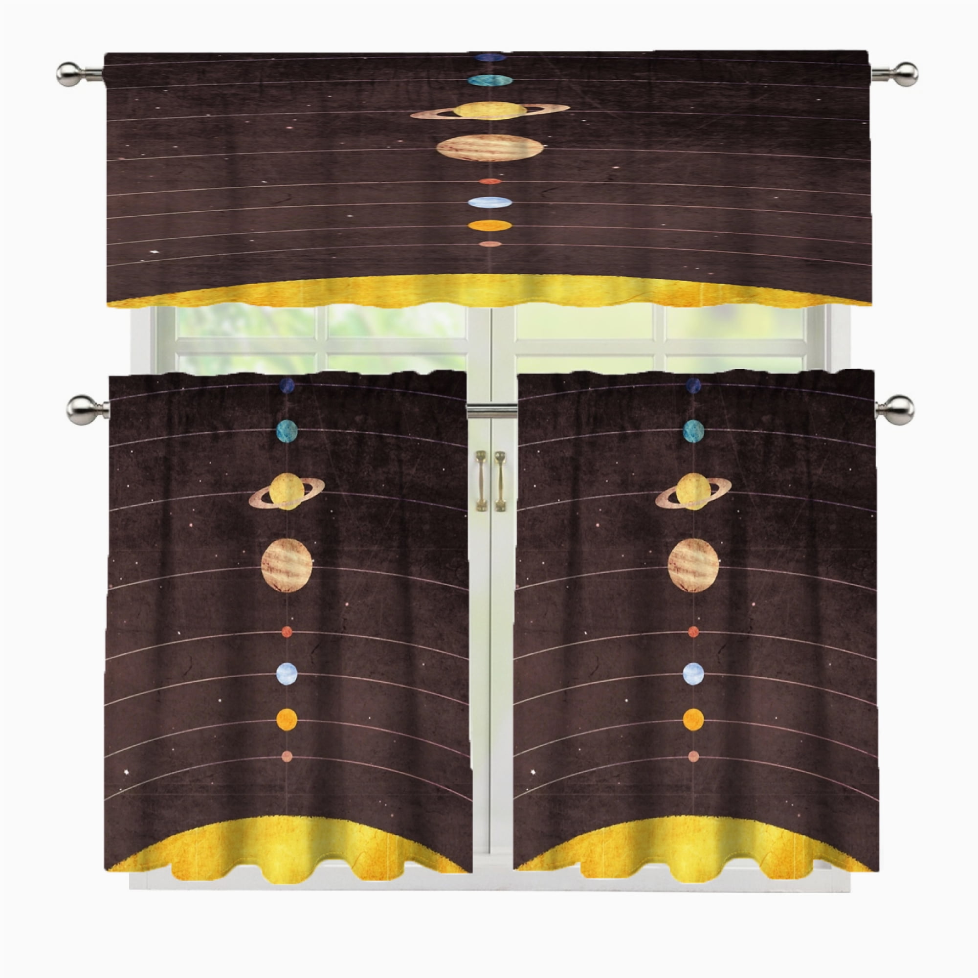 3 Pcs Kitchen Curtains Valance and Tiers Set Solar System Retro For Cafe Bathroom And Laundry ...