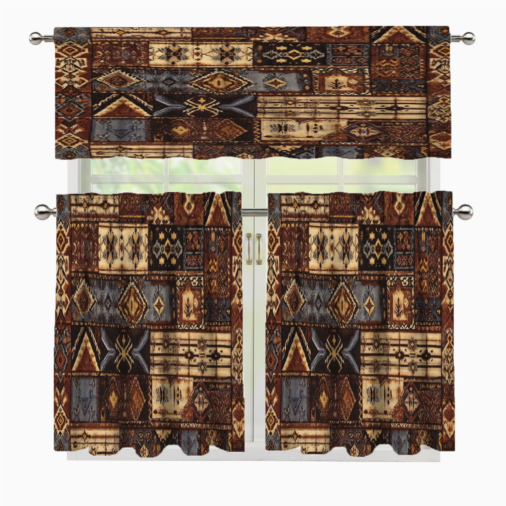 3 Pcs Kitchen Curtains Valance and Tiers Set Southwest textile ...