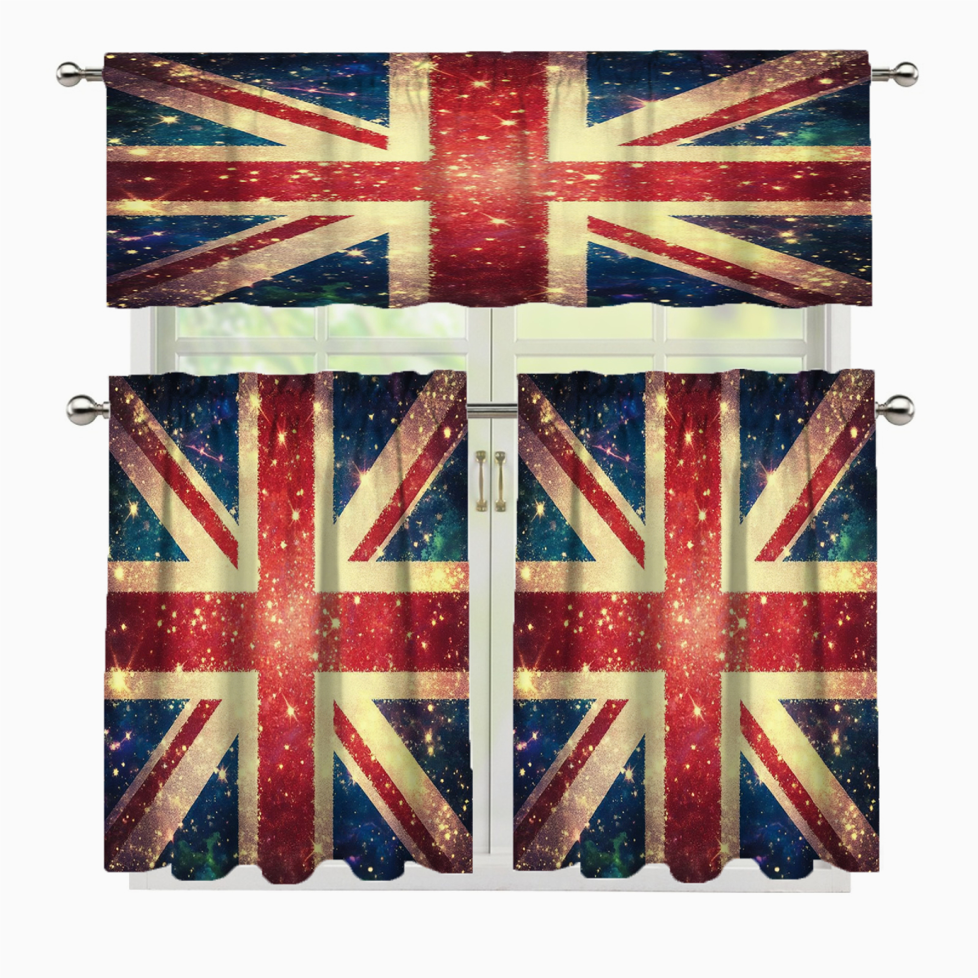 3 Pcs Kitchen Curtains Valance and Tiers Set Sparkly Union Jack Flag-2 ...