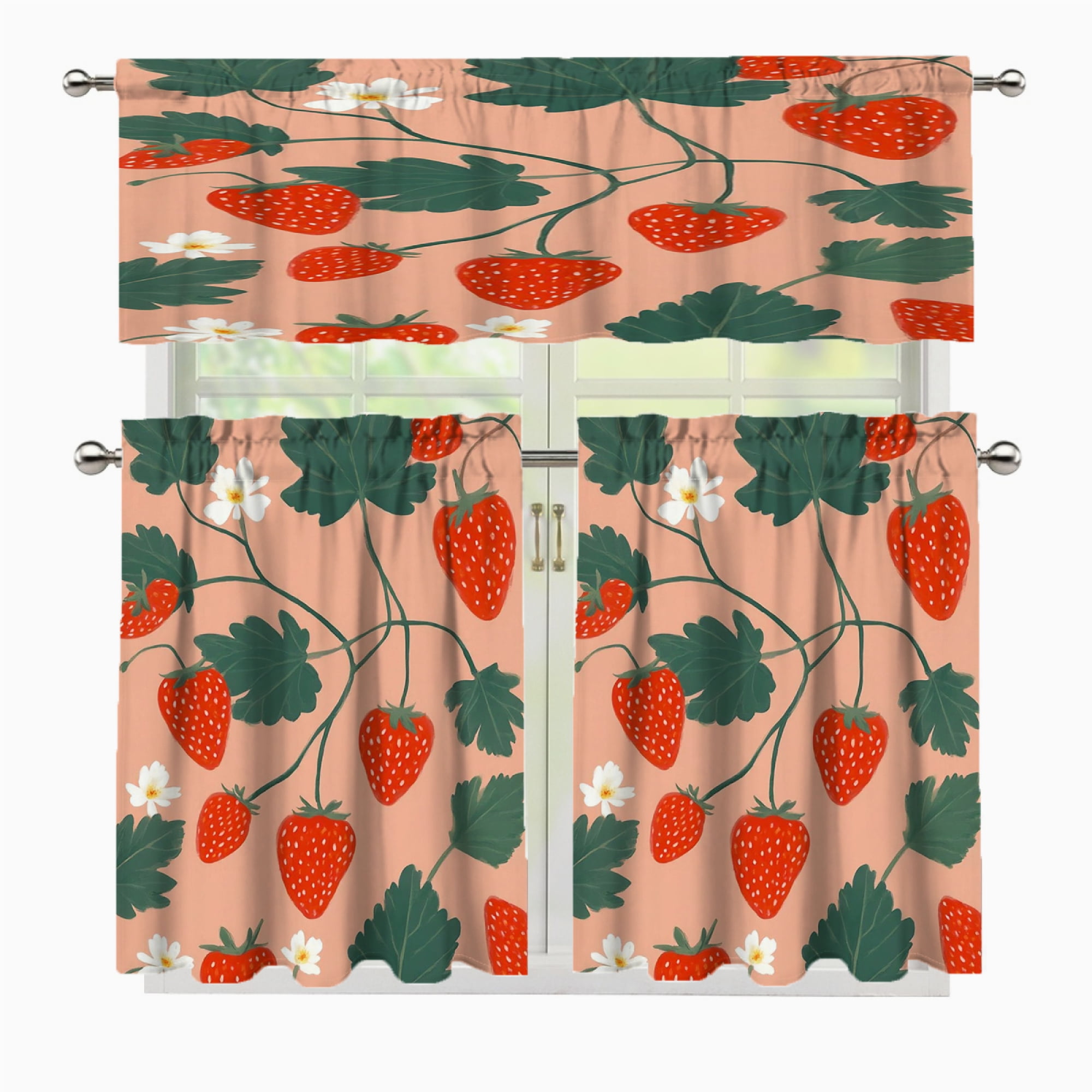 3 Pcs Kitchen Curtains Valance and Tiers Set Strawberry blossoms pink ...