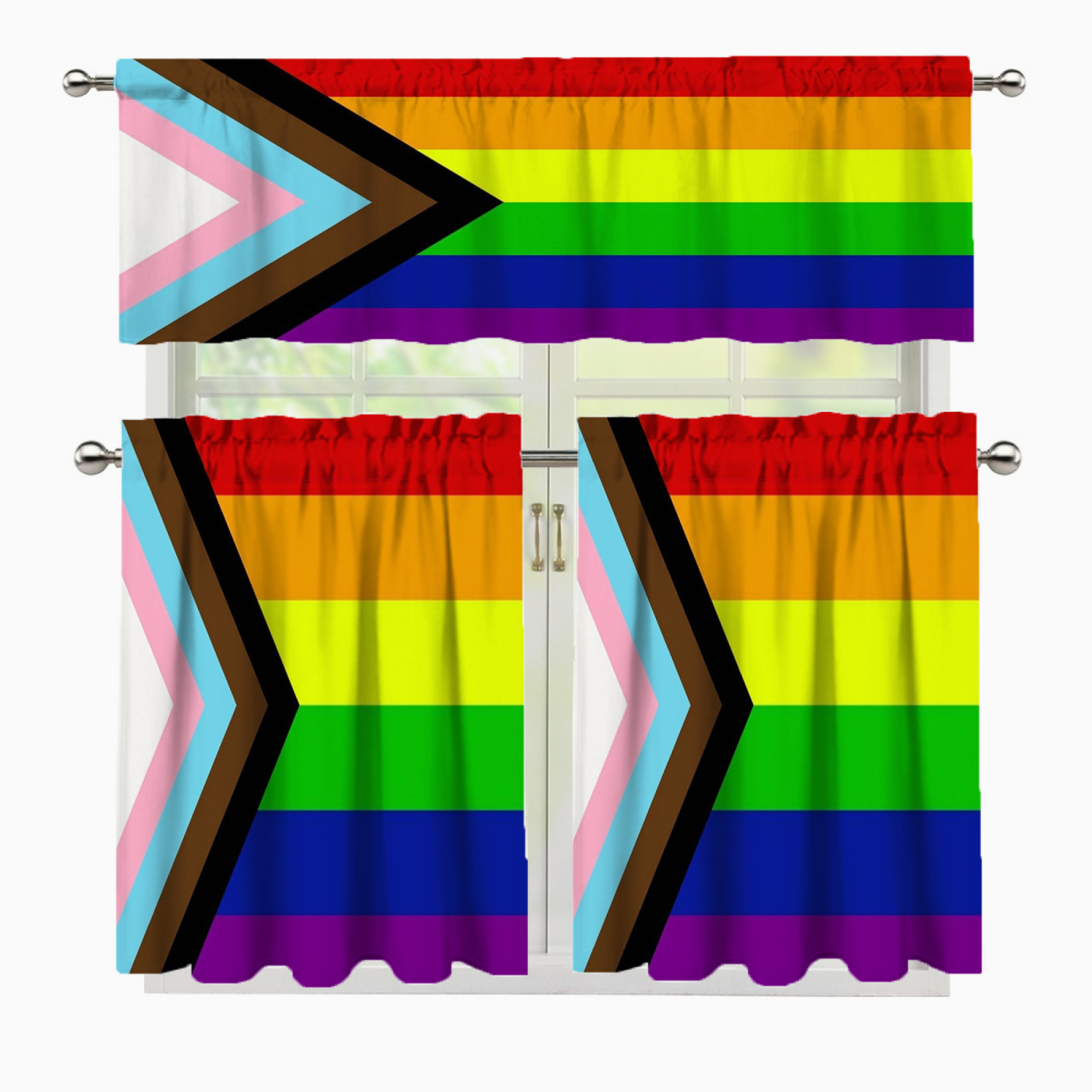 3 Pcs Kitchen Curtains Valance and Tiers Set The Progress Pride Flag ...