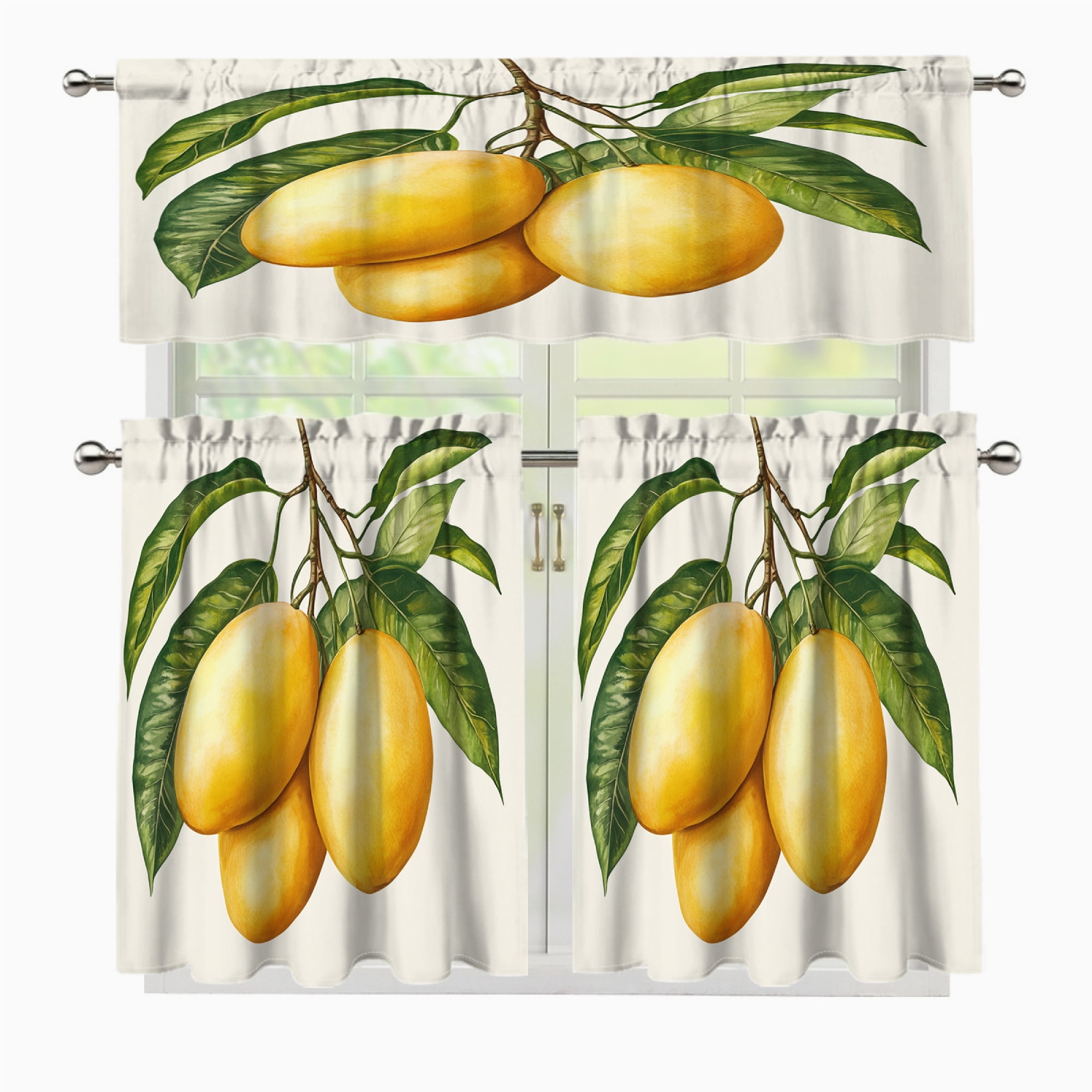 3 Pcs Kitchen Curtains Valance and Tiers Set Three Yellow Mangoes with ...