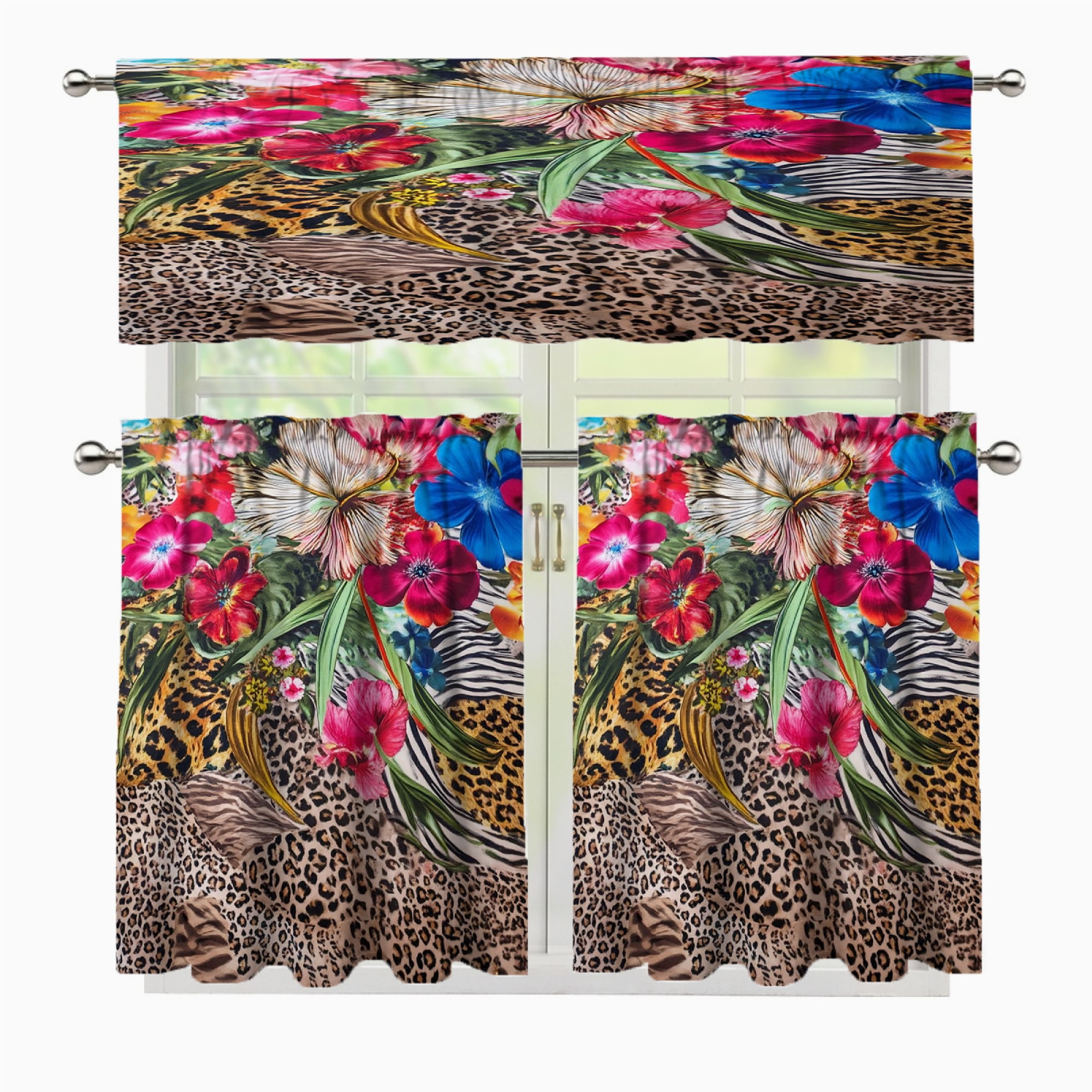 3 Pcs Kitchen Curtains Valance and Tiers Set Tropical flowers leopard ...
