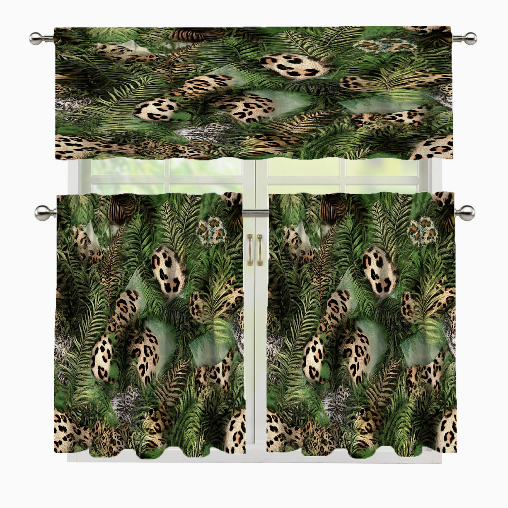 3 Pcs Kitchen Curtains Valance and Tiers Set Tropical leaves leopard ...