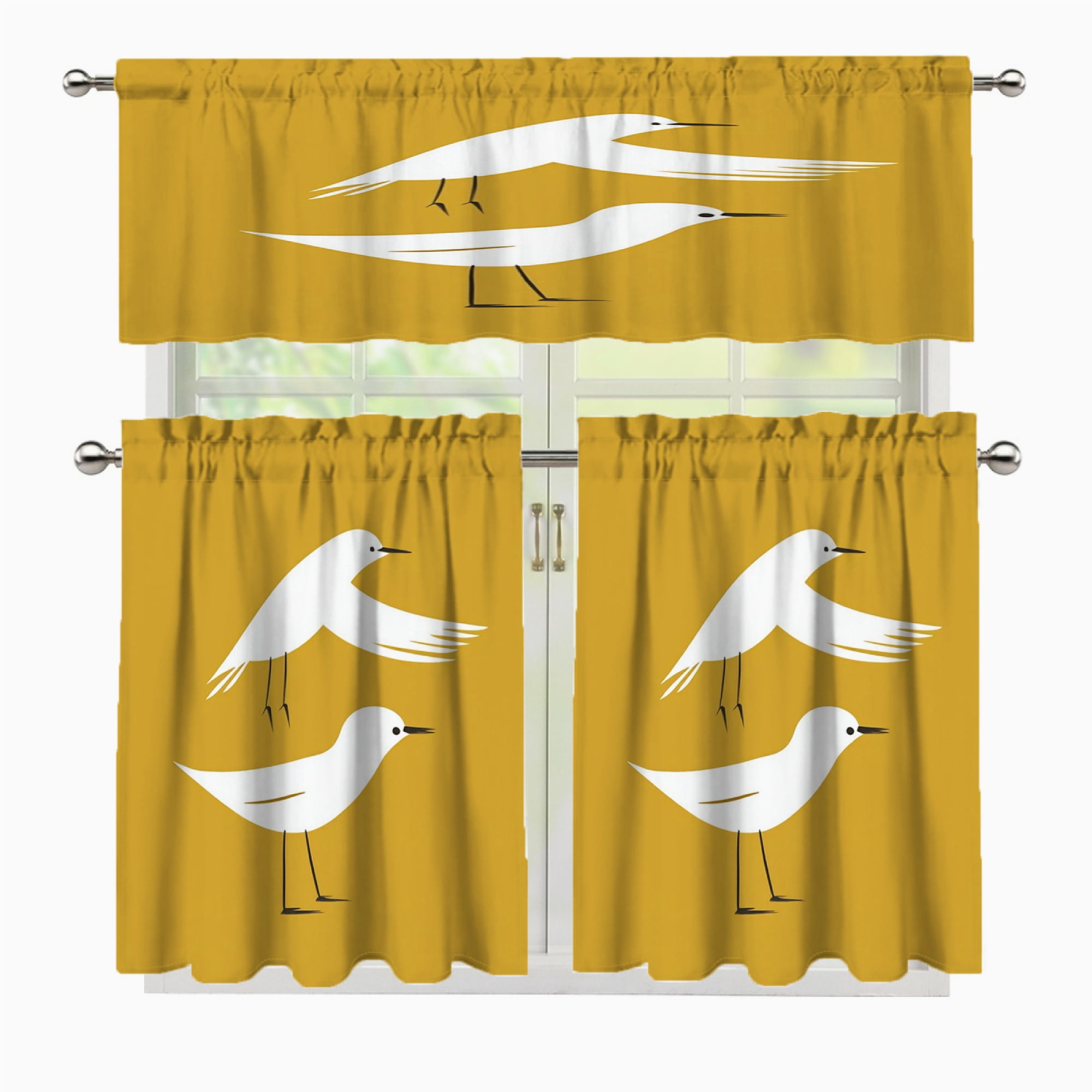 3 Pcs Kitchen Curtains Valance and Tiers Set Two birds yellow ...
