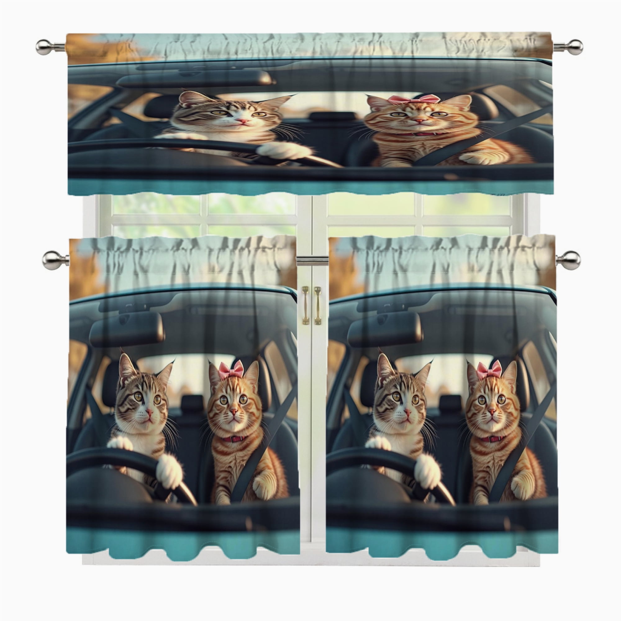3 Pcs Kitchen Curtains Valance and Tiers Set Two cats driving car For ...