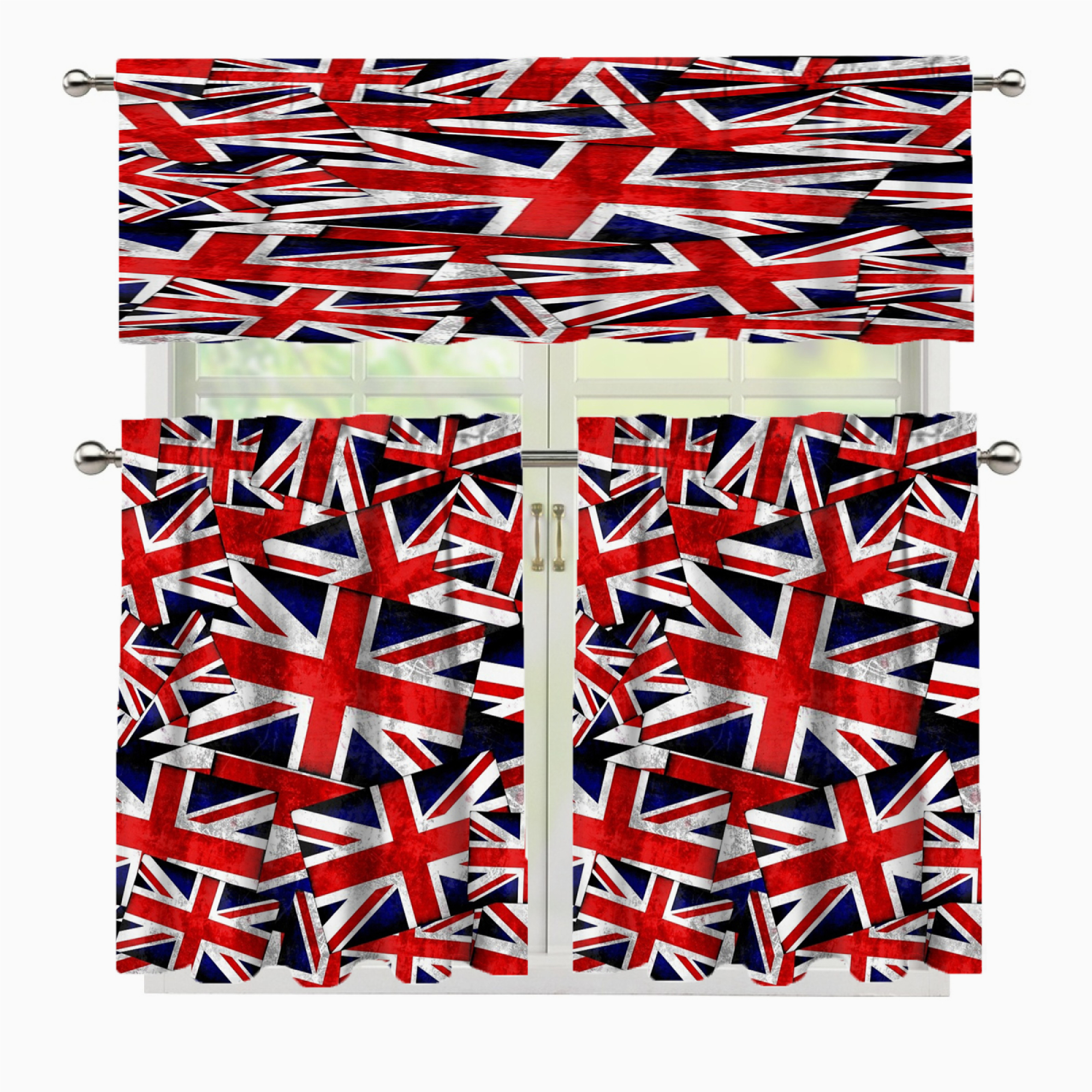 3 Pcs Kitchen Curtains Valance and Tiers Set Union Jack British England ...