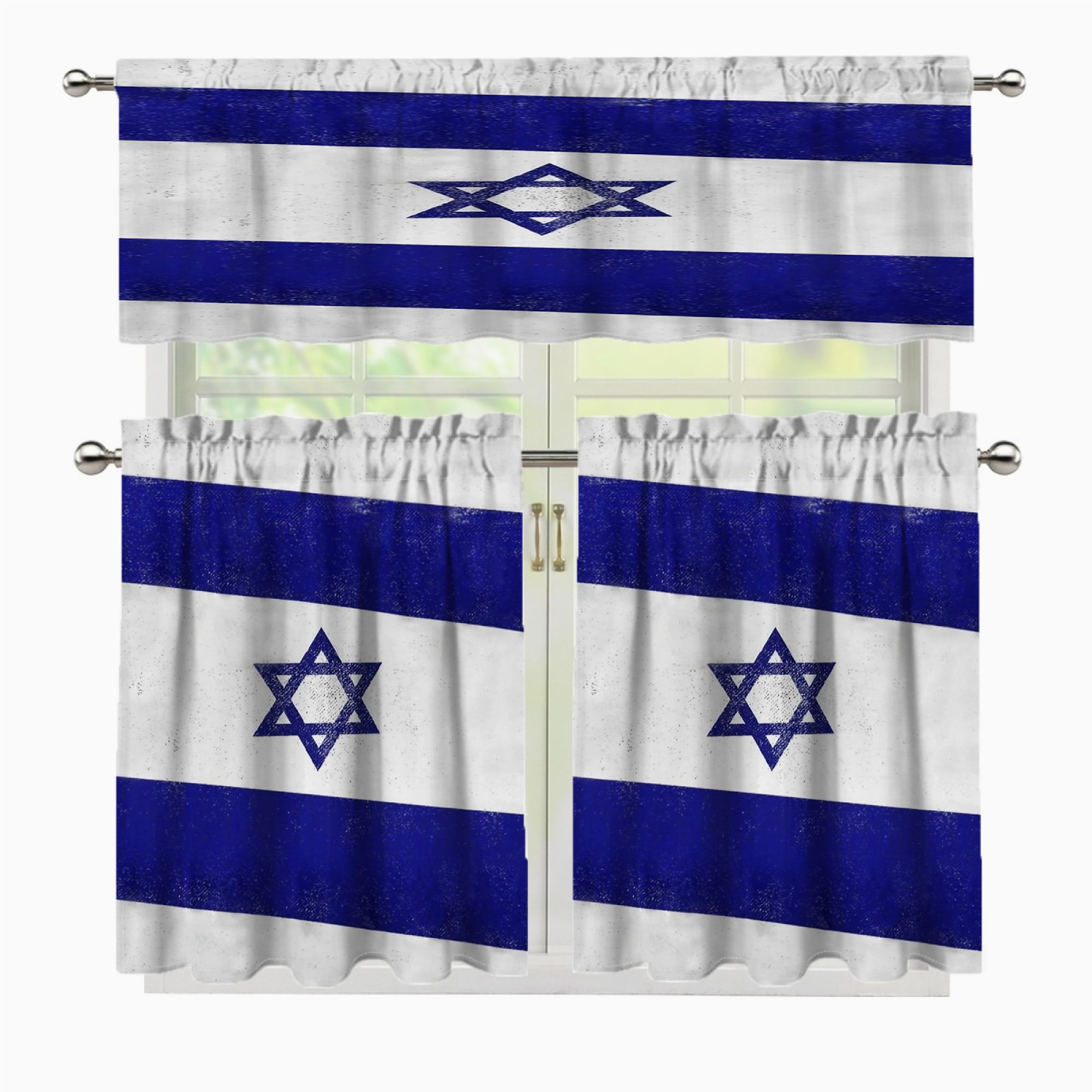 3 Pcs Kitchen Curtains Valance and Tiers Set Vibrant Israel Flag Image ...