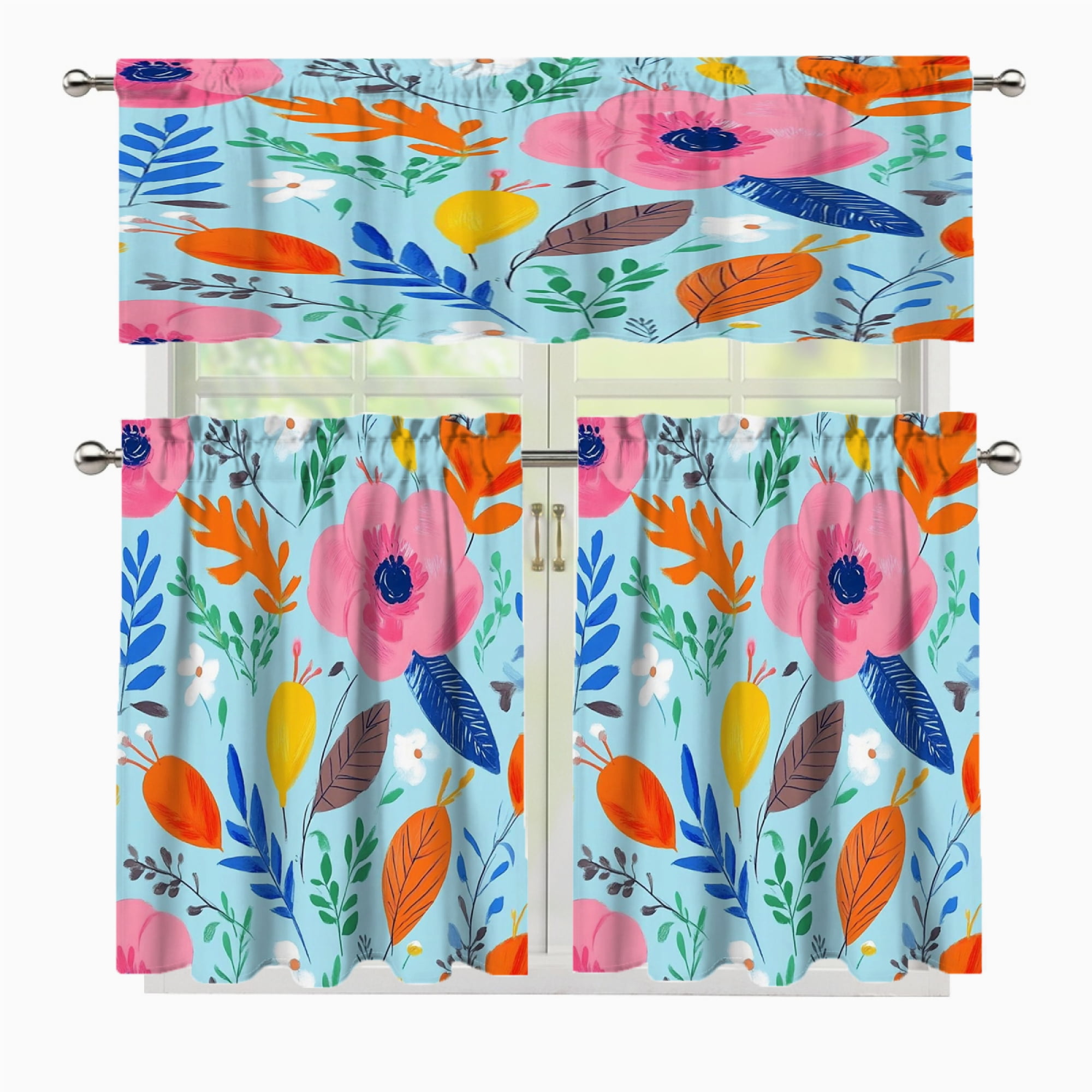 3 Pcs Kitchen Curtains Valance and Tiers Set Vibrant floral blue ...