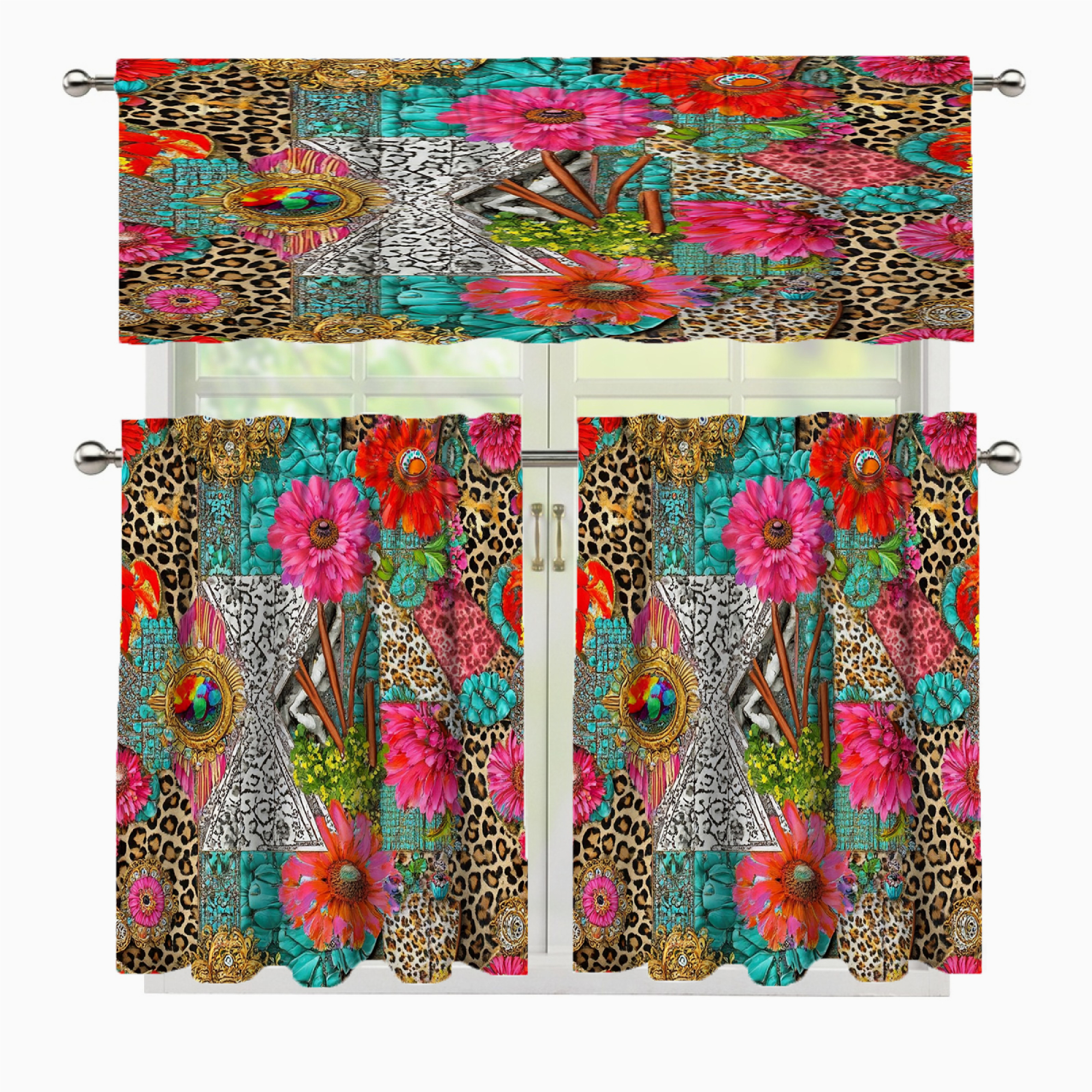 3 Pcs Kitchen Curtains Valance and Tiers Set Vibrant floral eclectic ...