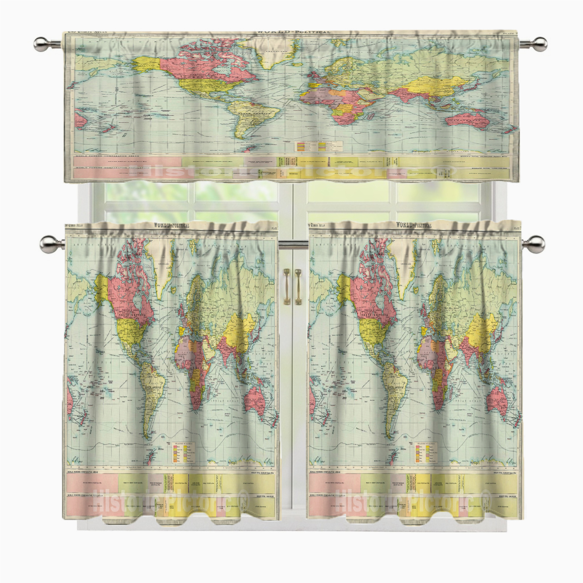 3 Pcs Kitchen Curtains Valance and Tiers Set WORLD MAP Print For Cafe ...