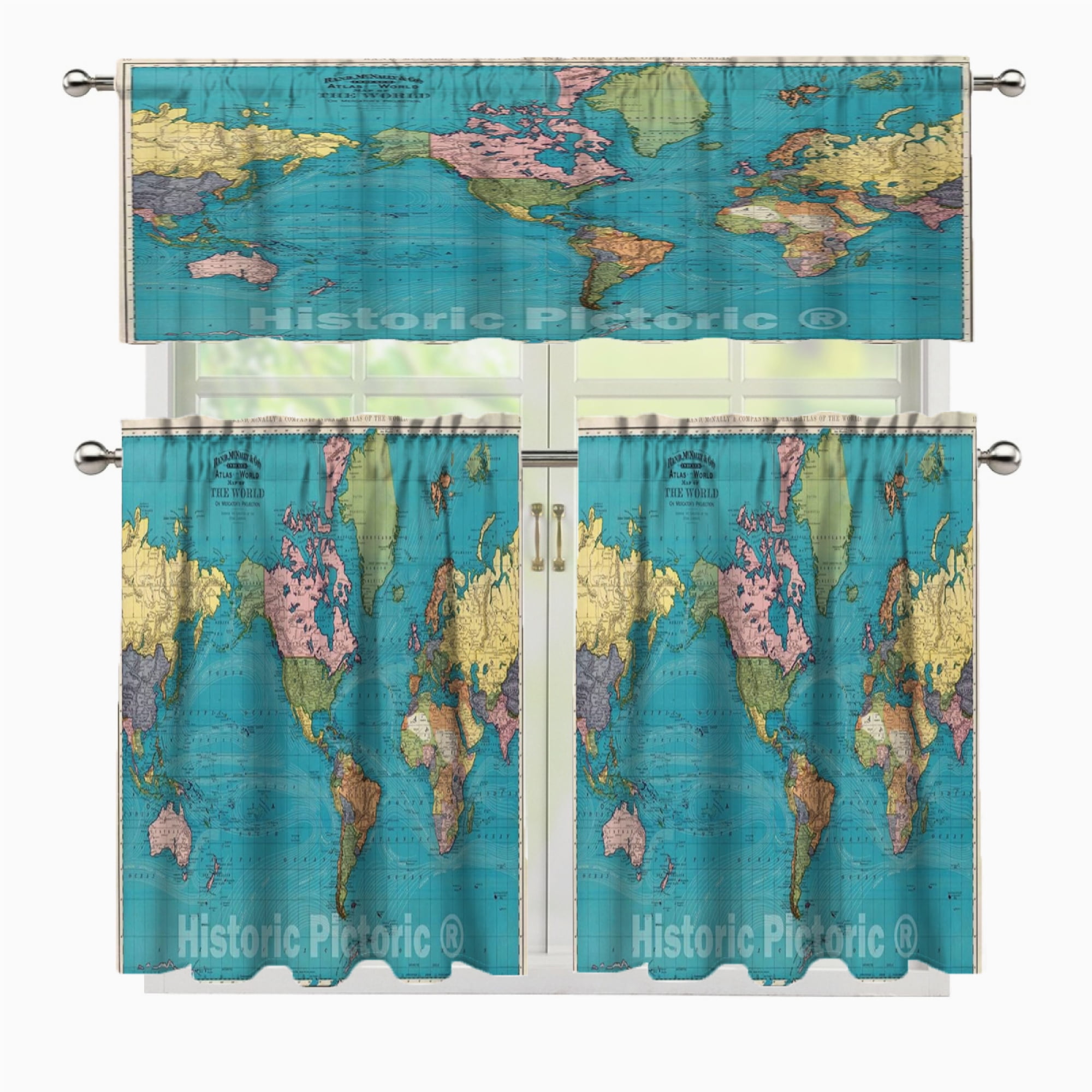 3 Pcs Kitchen Curtains Valance and Tiers Set WORLD MAP Print, World ...