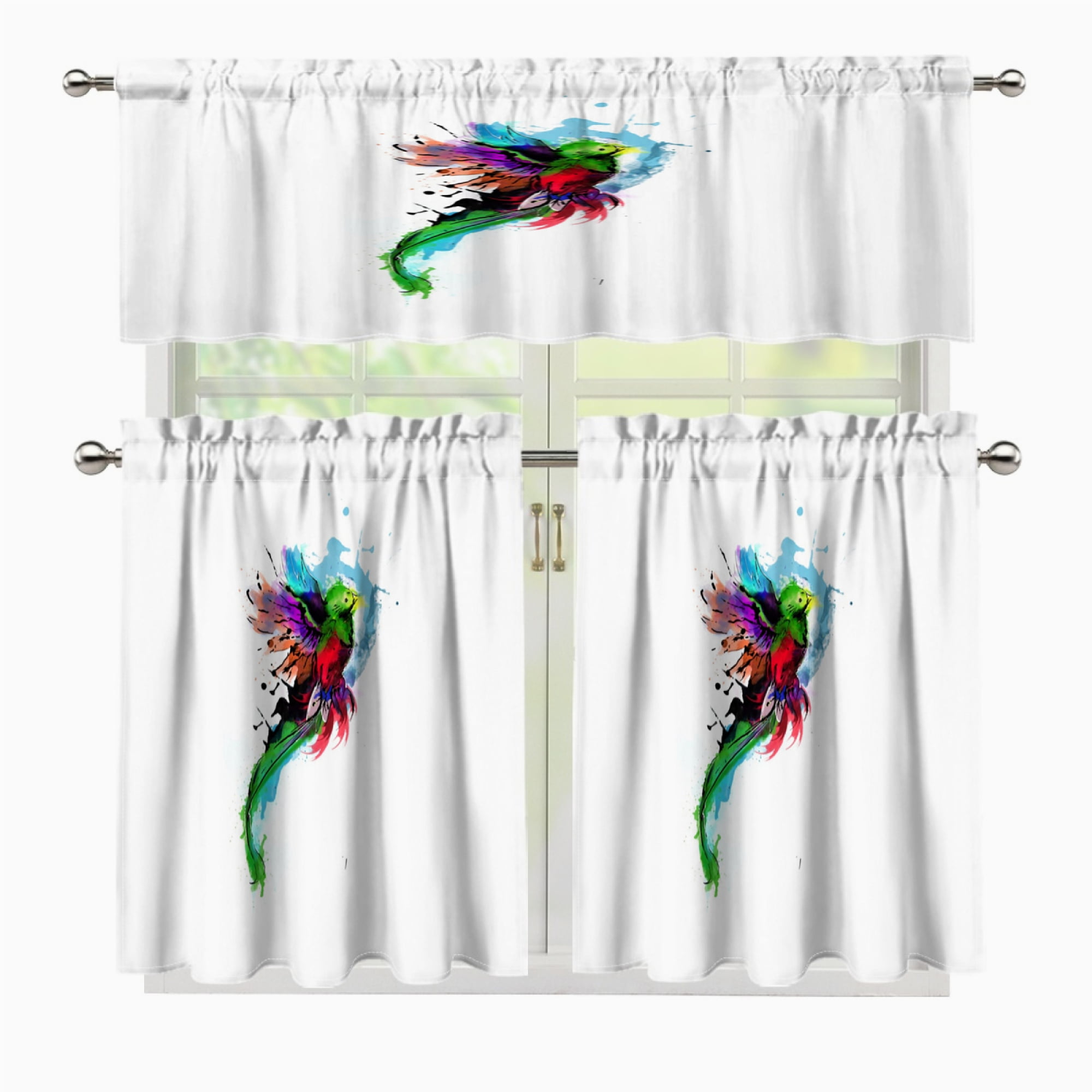3 Pcs Kitchen Curtains Valance and Tiers Set WaterColor Quetzal from ...