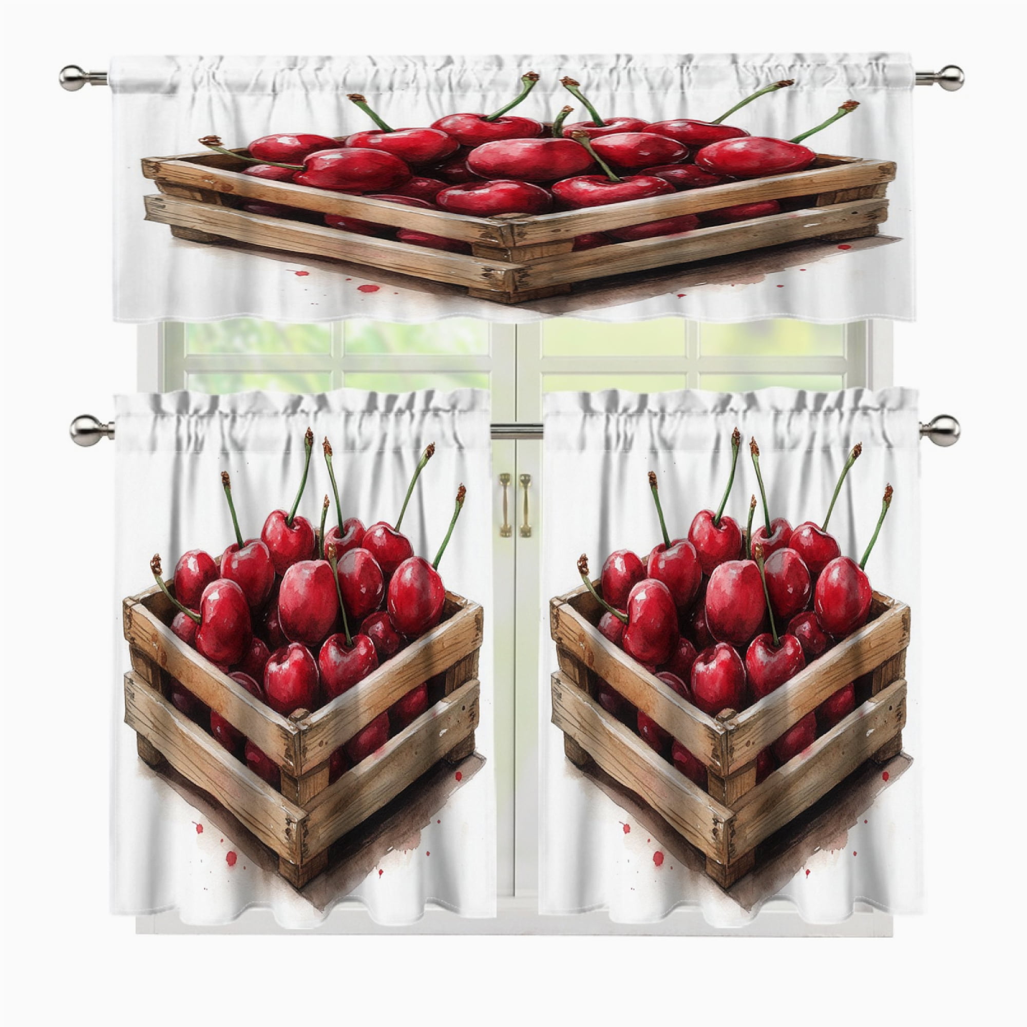 3 Pcs Kitchen Curtains Valance and Tiers Set Watercolor Cherry Fruit ...
