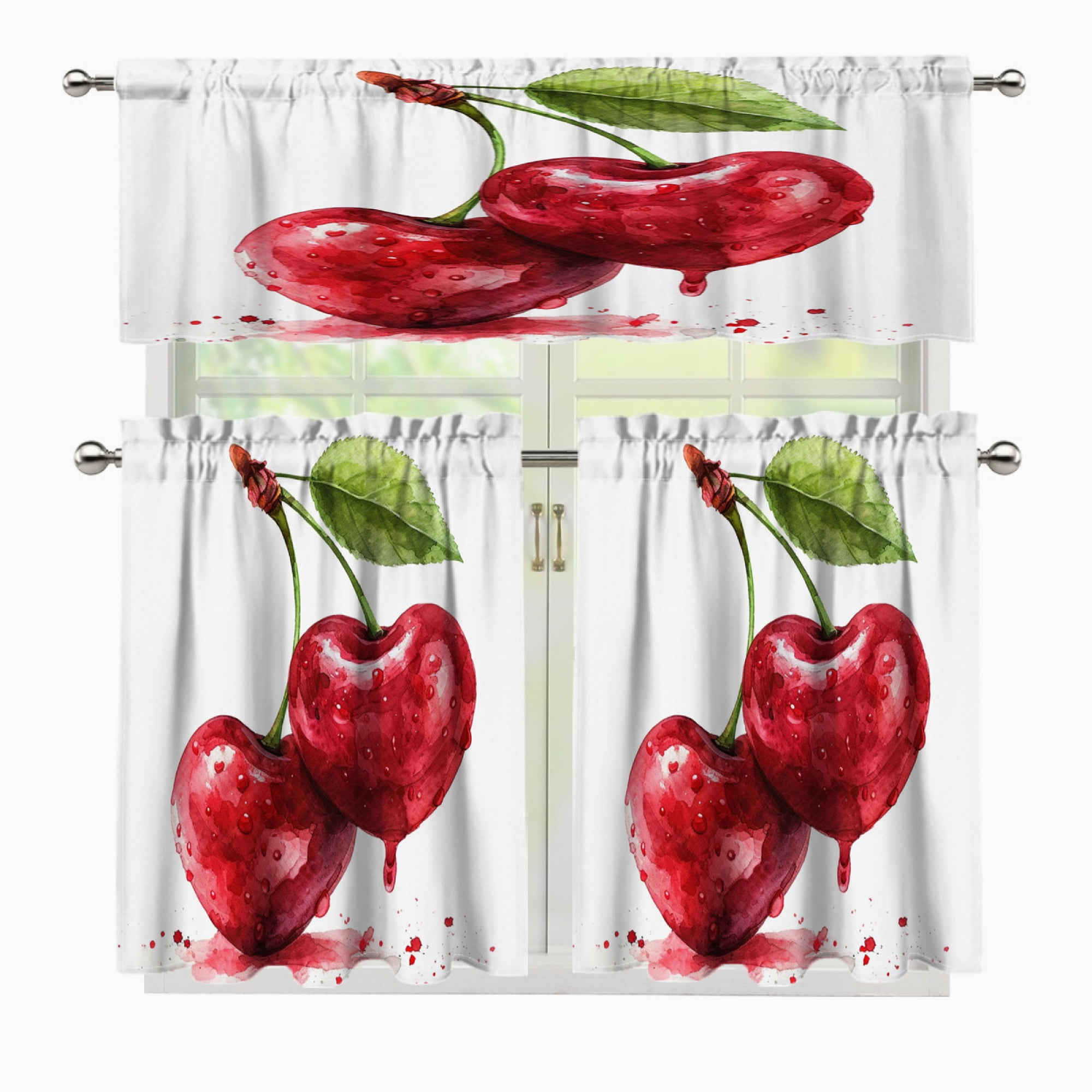3 Pcs Kitchen Curtains Valance and Tiers Set Watercolor Cherry Love ...