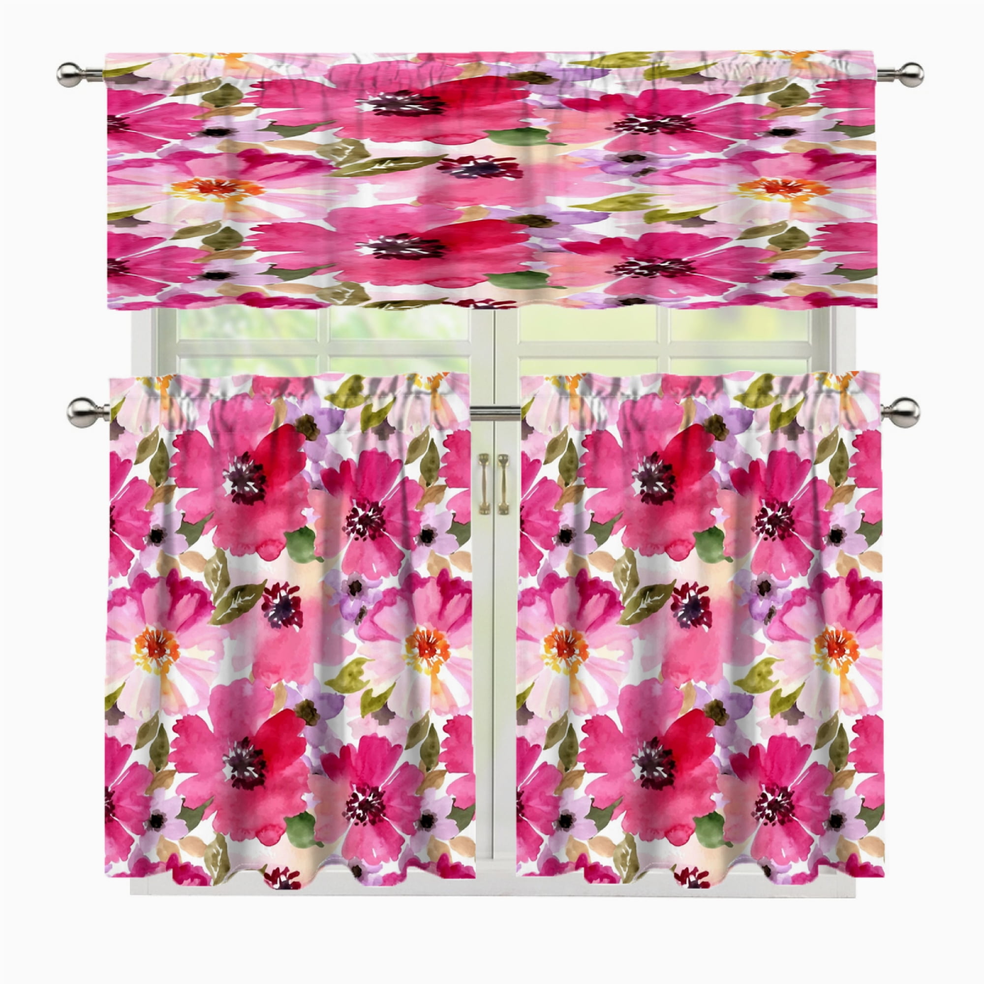 3 Pcs Kitchen Curtains Valance and Tiers Set Watercolor Flowers Pink ...