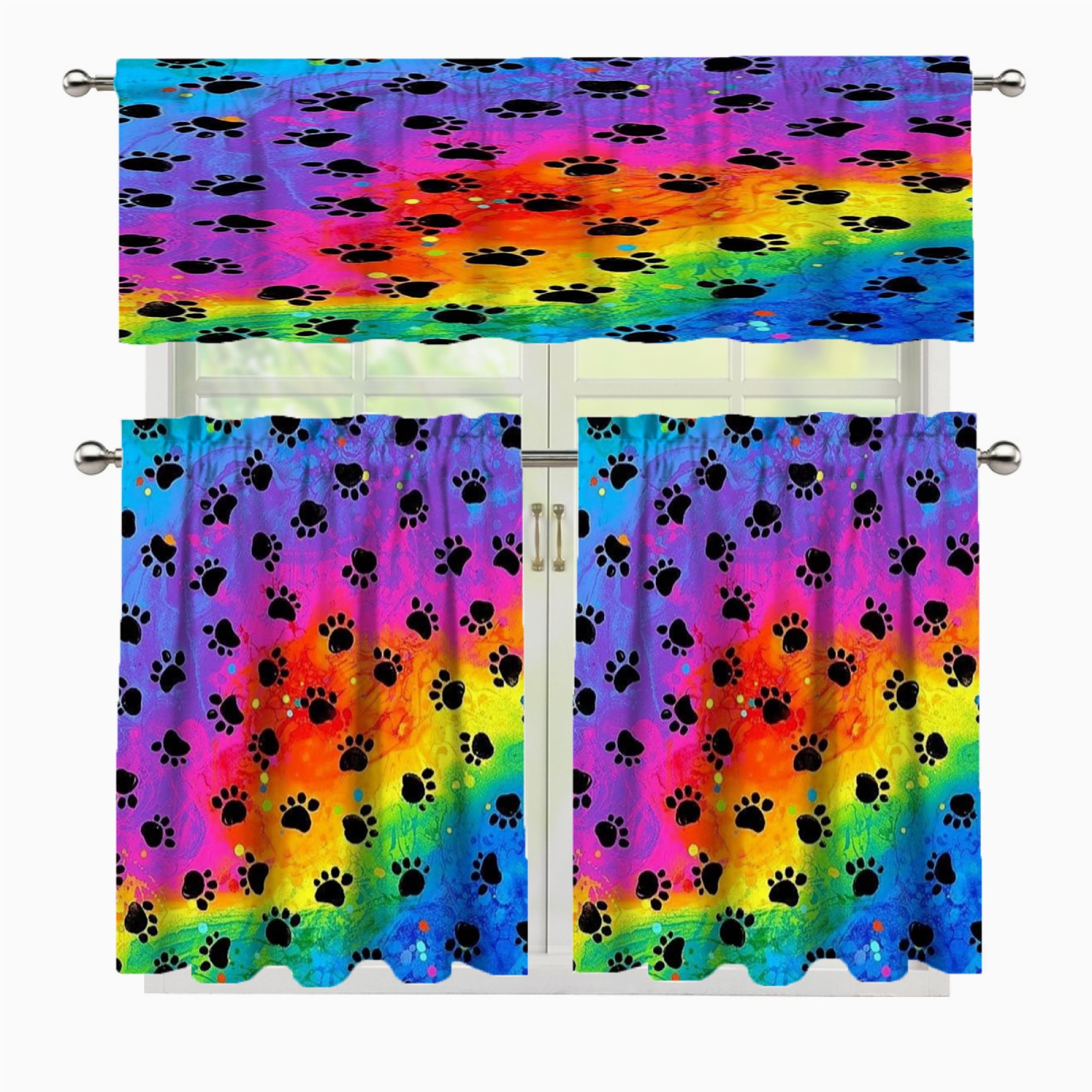 3 Pcs Kitchen Curtains Valance and Tiers Set Watercolor dog paw For ...