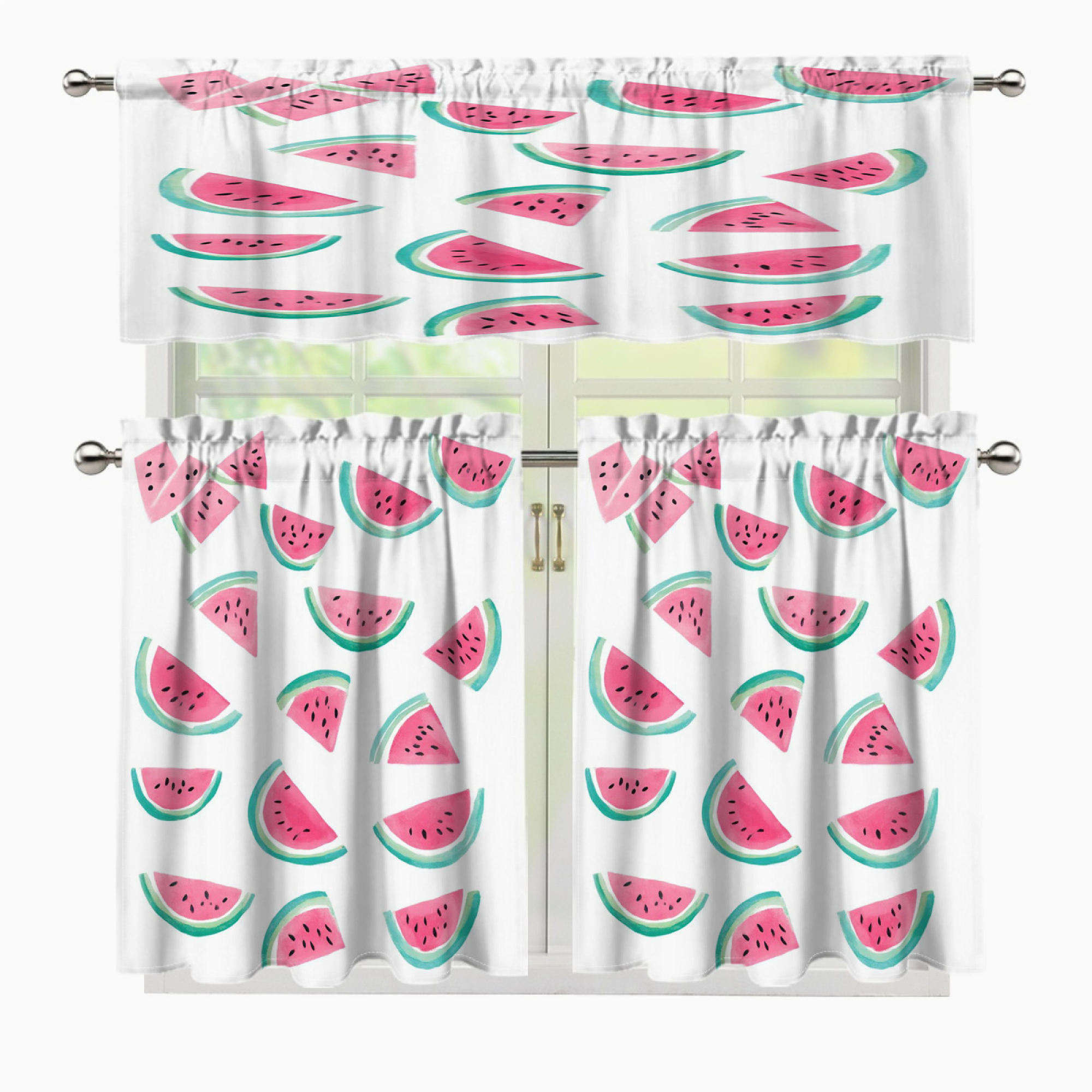 3 Pcs Kitchen Curtains Valance and Tiers Set Watermelon slices summer ...