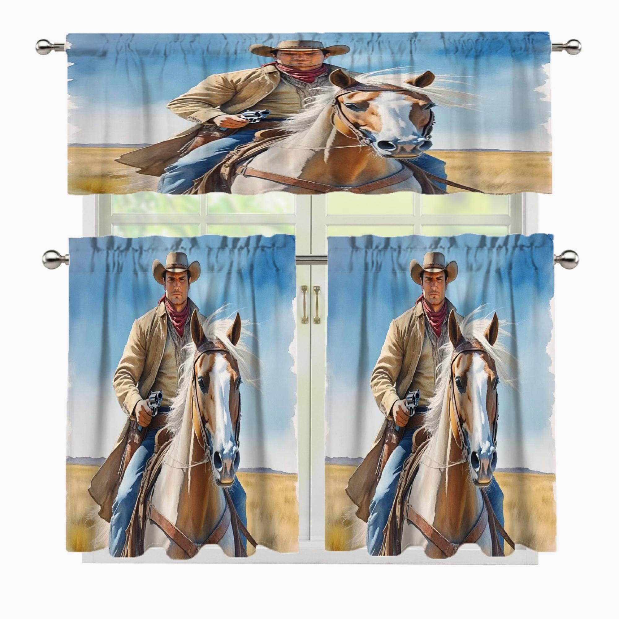 3 Pcs Kitchen Curtains Valance and Tiers Set Western cowboy riding For ...