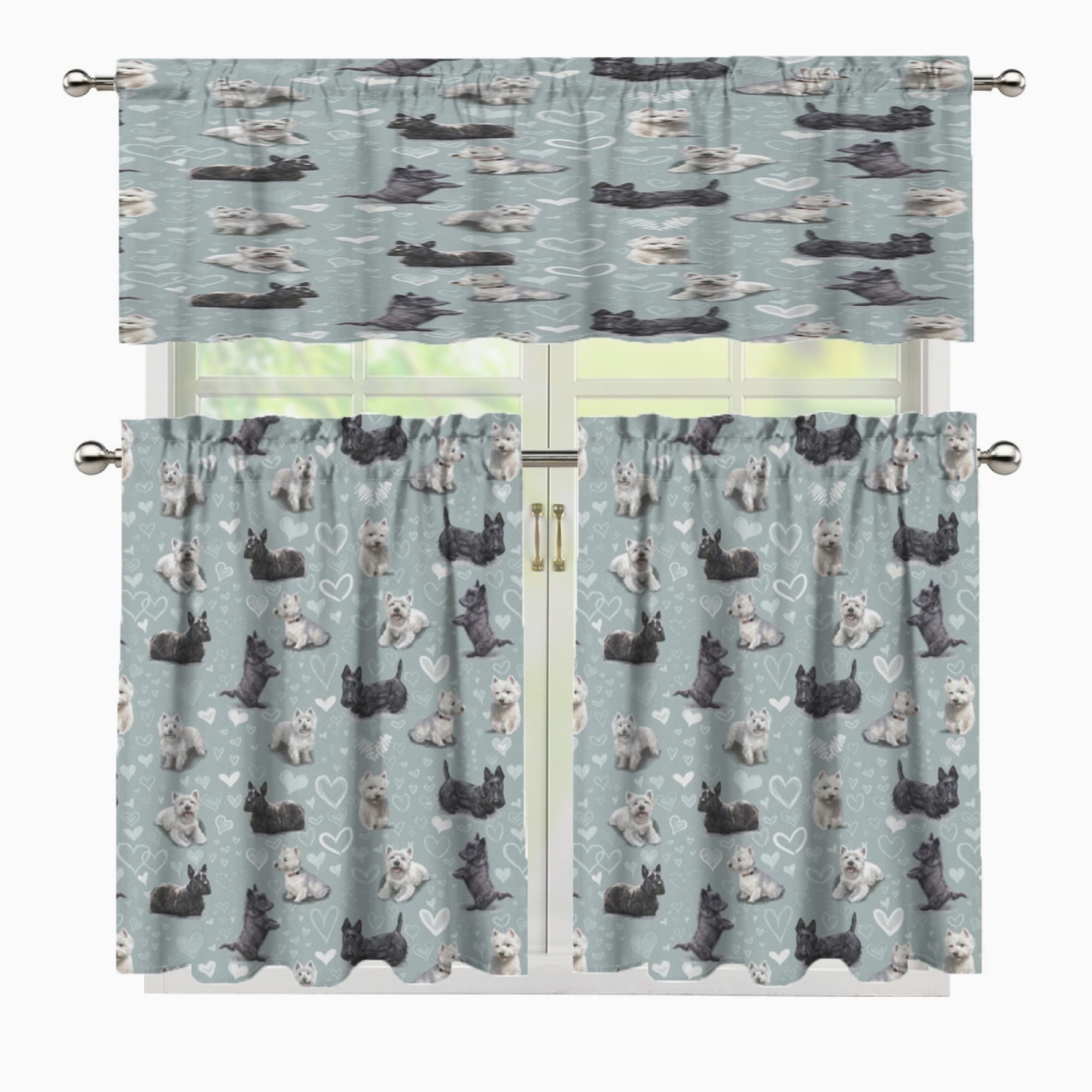 3 Pcs Kitchen Curtains Valance and Tiers Set Westies & Scottie Dogs For ...