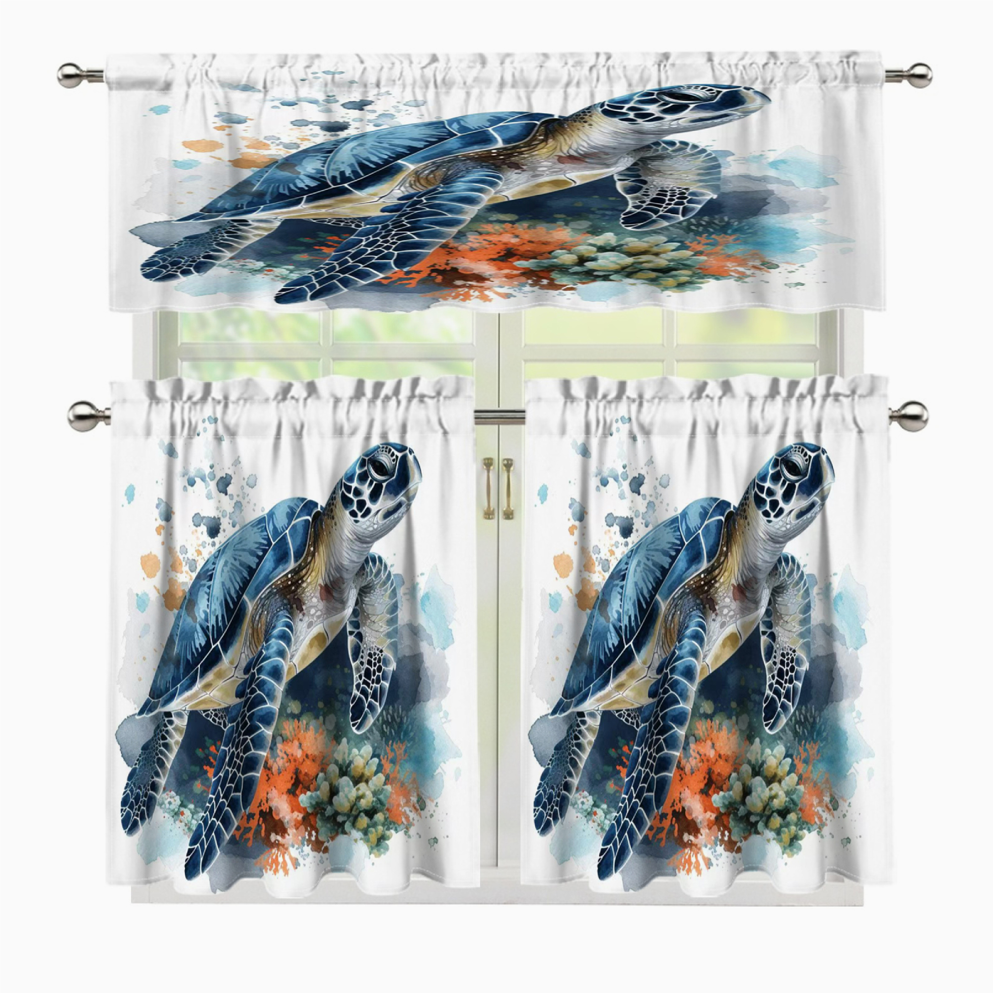 3 Pcs Kitchen Curtains Valance and Tiers Set Whimsical Sea Turtle ...