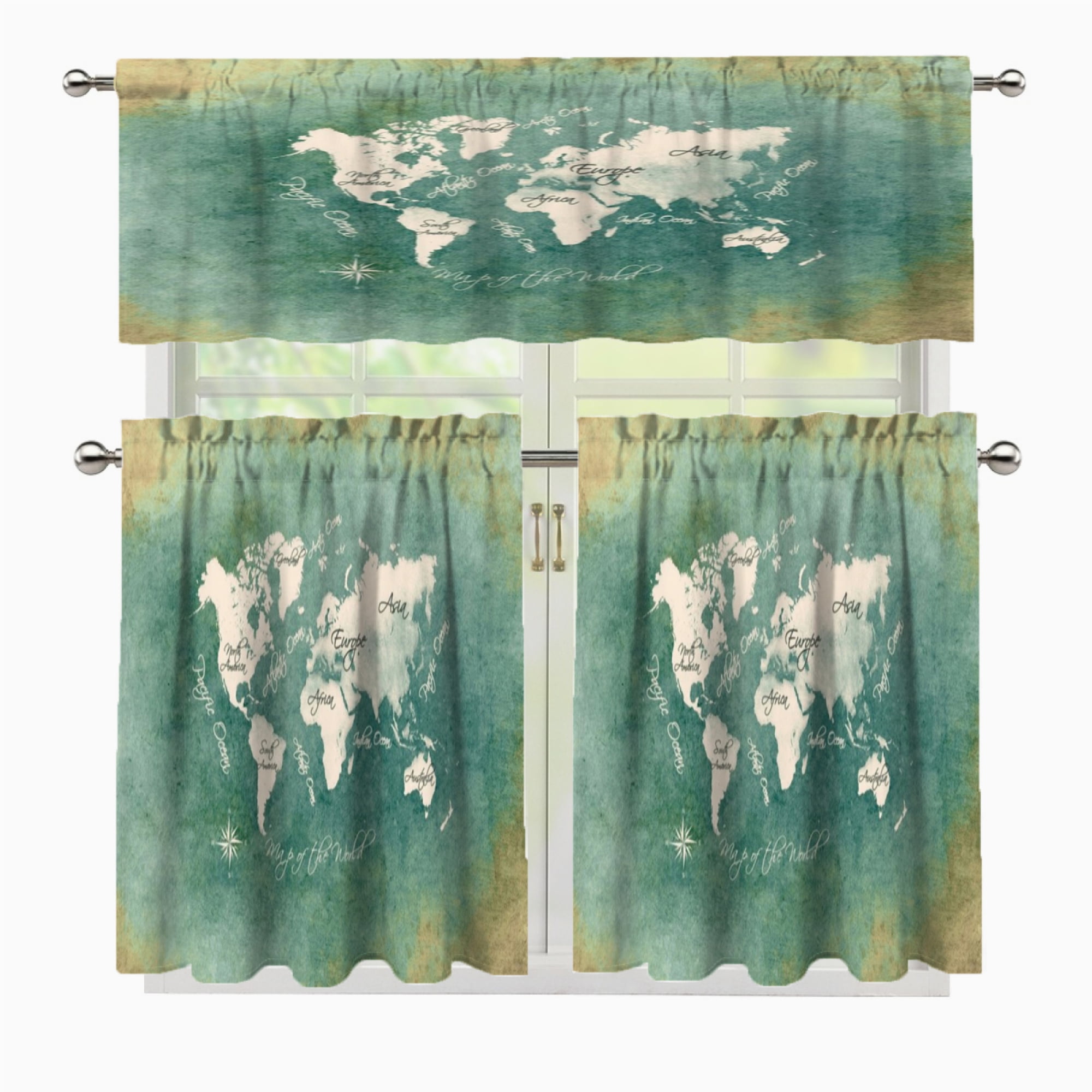 3 Pcs Kitchen Curtains Valance and Tiers Set World Maps For Cafe ...