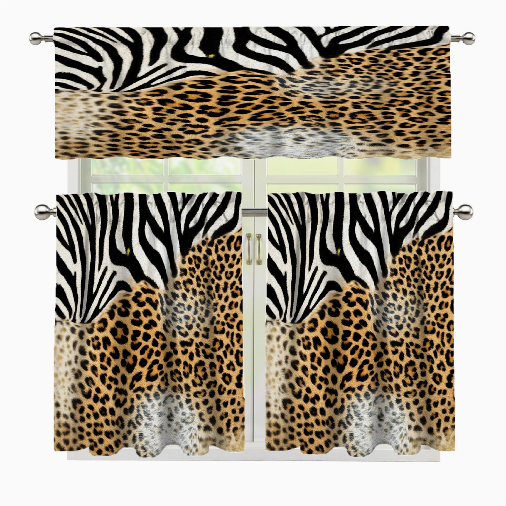 3 Pcs Kitchen Curtains Valance and Tiers Set Zebra leopard animal print ...