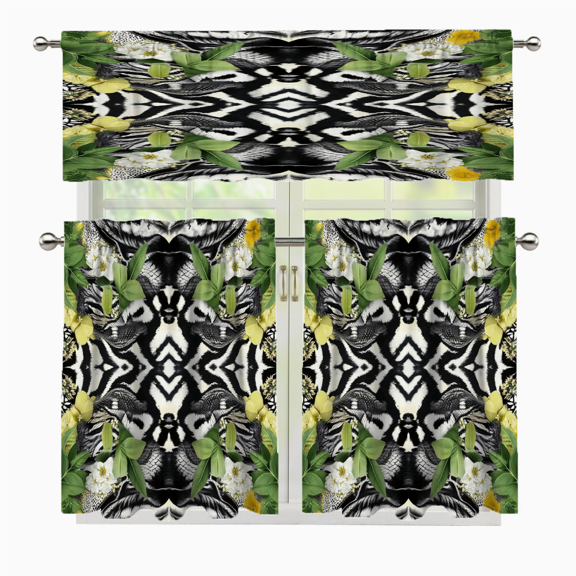 3 Pcs Kitchen Curtains Valance and Tiers Set Zebra print floral ...