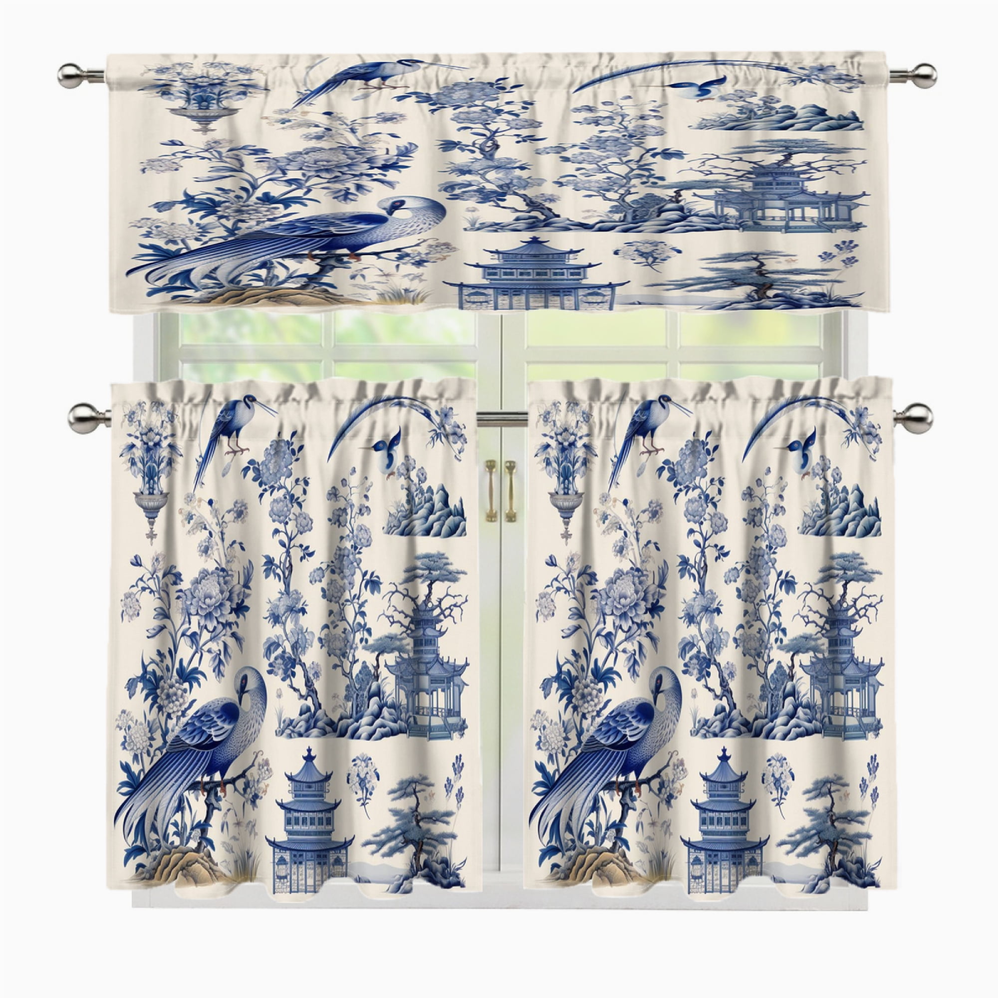3 Pcs Kitchen Curtains Valance and Tiers Set blue Chinoiserie Toile ...