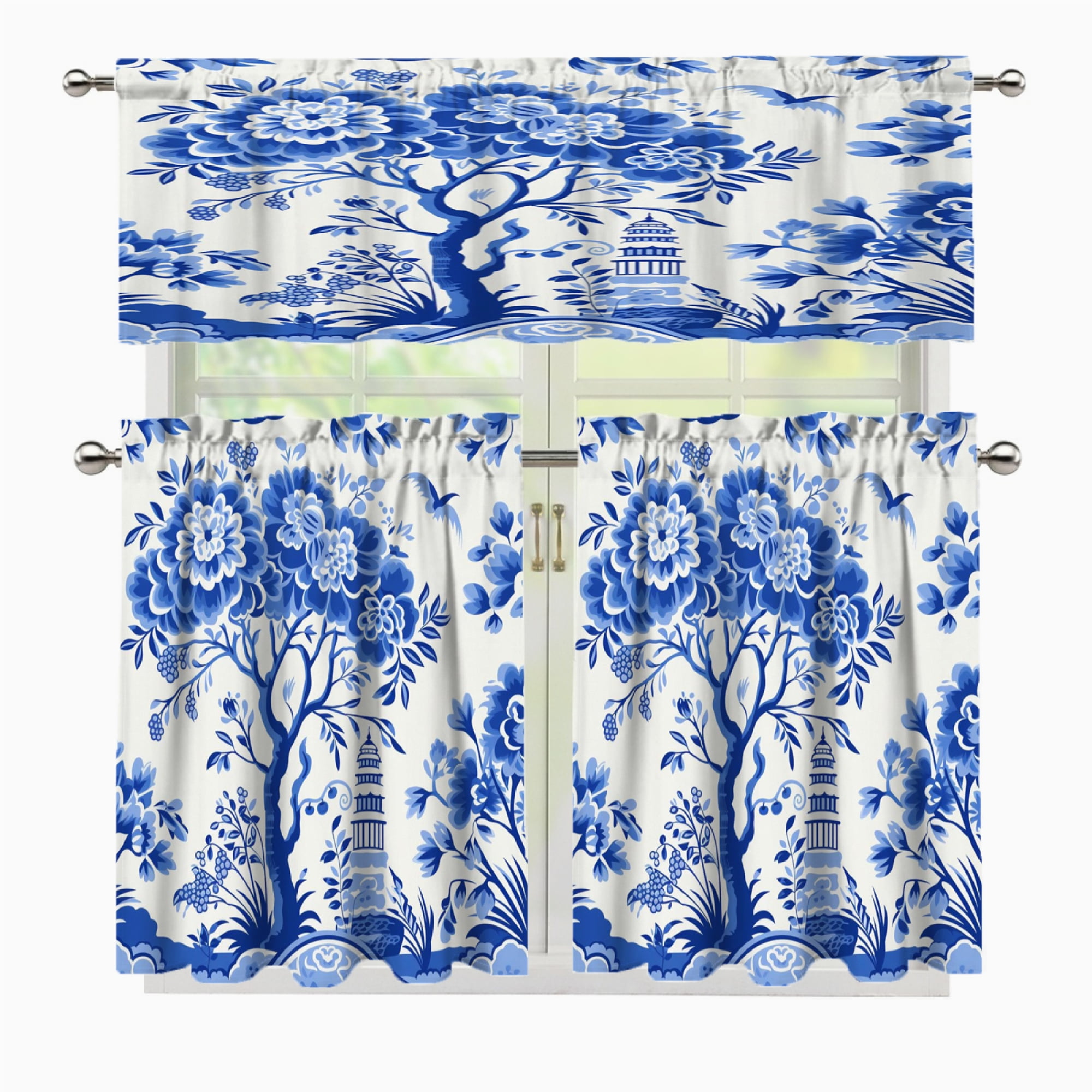 3 Pcs Kitchen Curtains Valance and Tiers Set blue Chinoiserie Toile ...