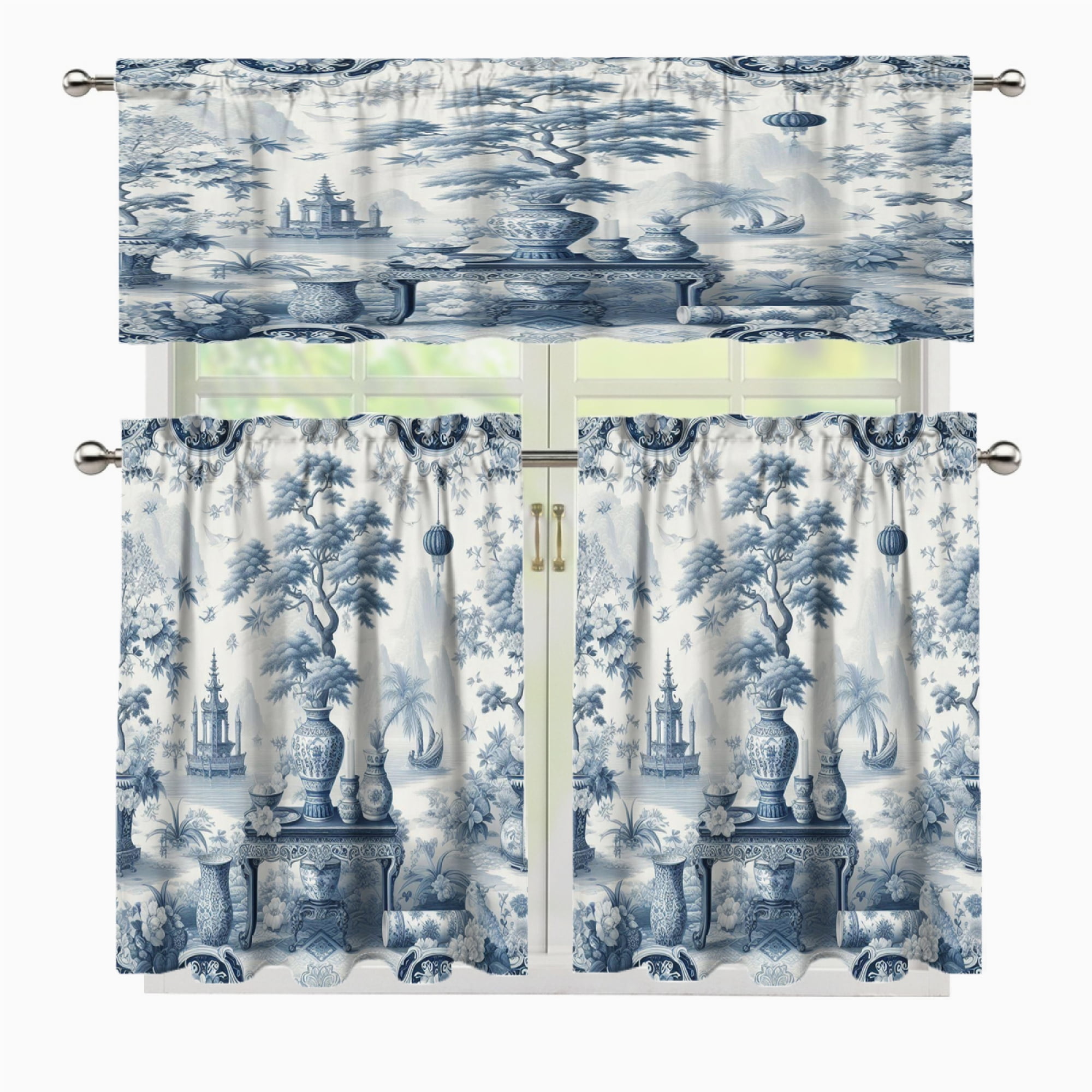 3 Pcs Kitchen Curtains Valance and Tiers Set blue Chinoiserie Toile ...