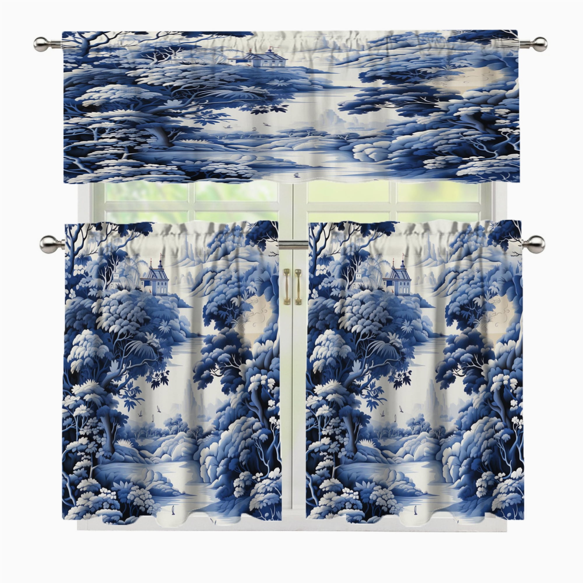 3 Pcs Kitchen Curtains Valance and Tiers Set blue Chinoiserie Toile ...