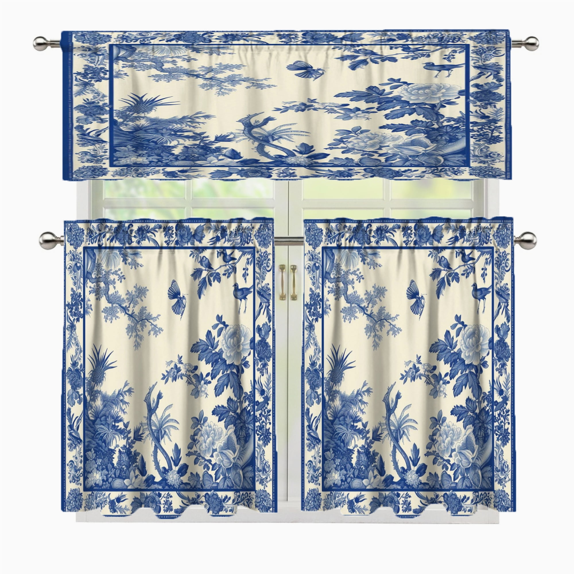 3 Pcs Kitchen Curtains Valance and Tiers Set blue Chinoiserie Toile ...