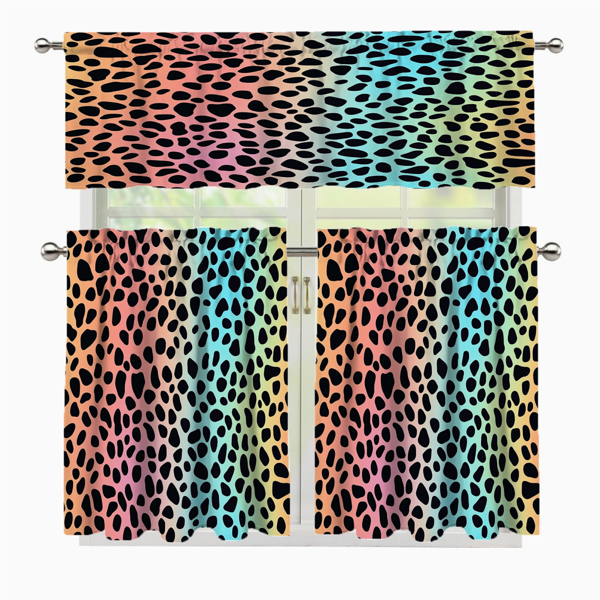 3 Pcs Kitchen Curtains Valance and Tiers Set cheetah pattern For Cafe ...