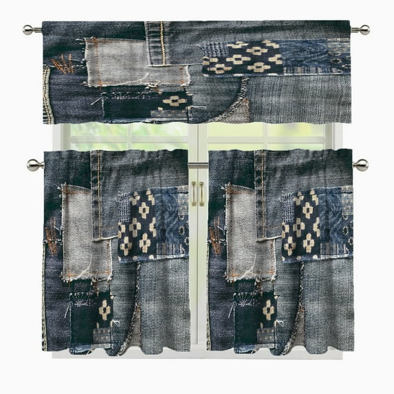 3 Pcs Kitchen Curtains Valance and Tiers Set denim patchwork For Cafe ...