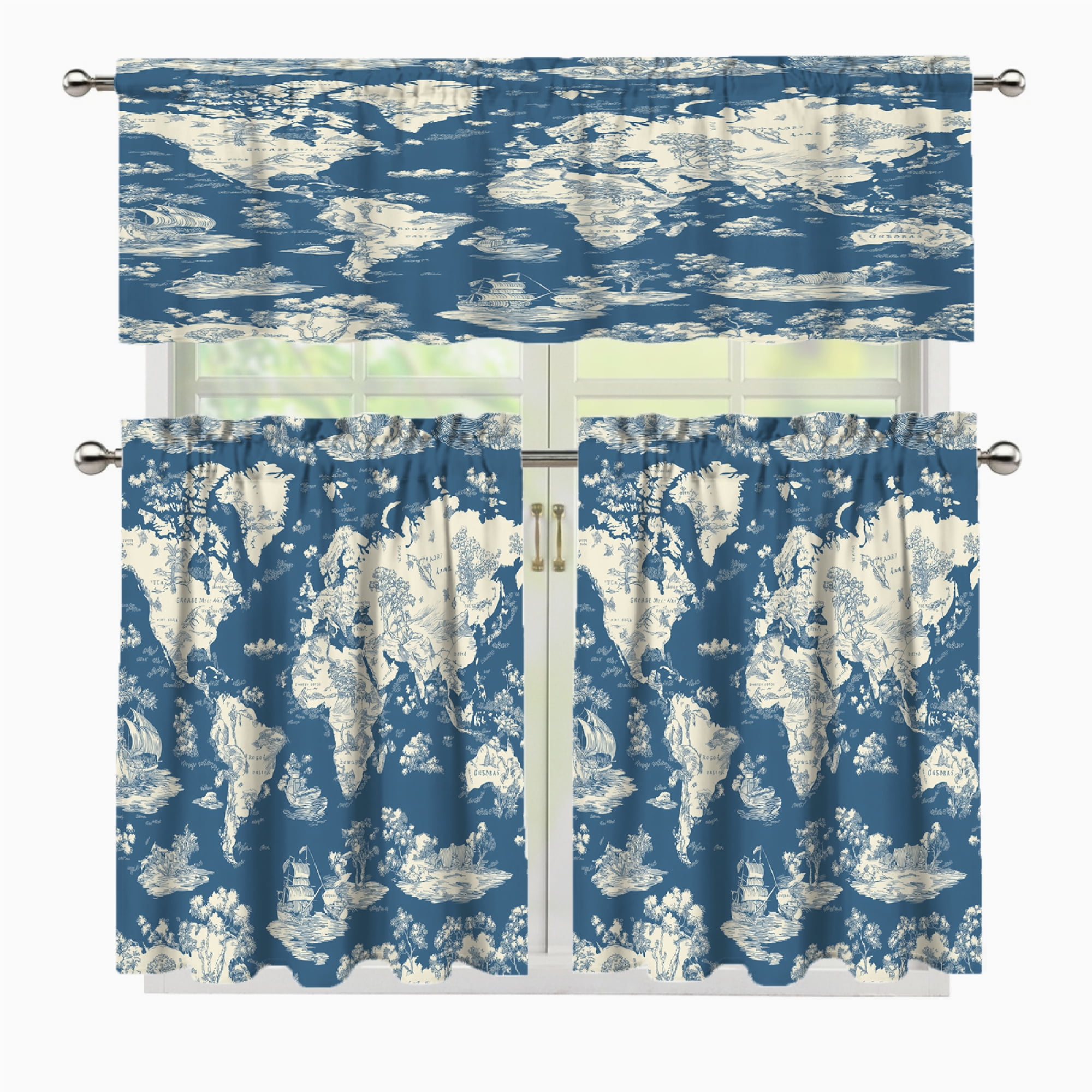 3 Pcs Kitchen Curtains Valance and Tiers Set toile de Jouy World Map ...