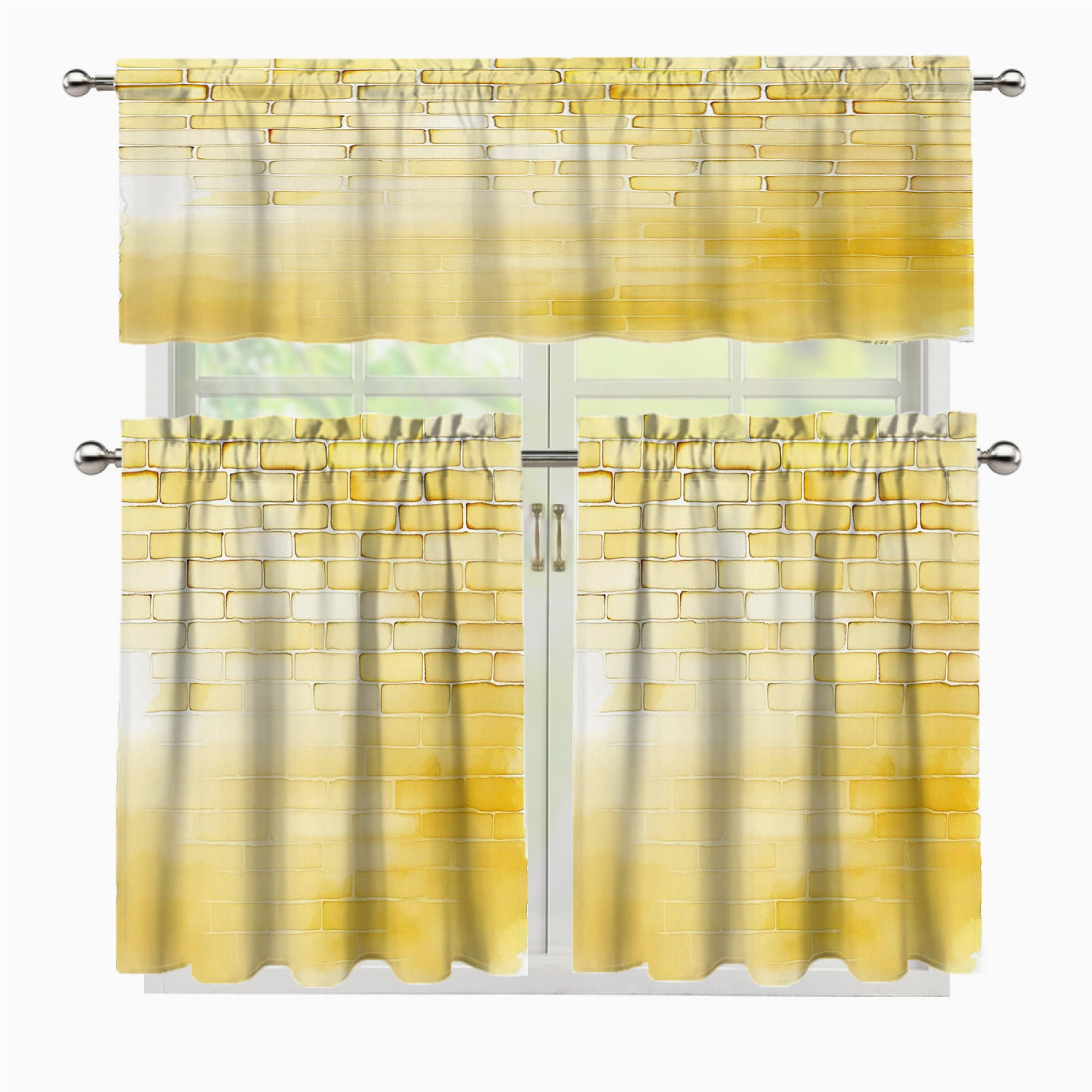 3 Pcs Kitchen Curtains Valance and Tiers Set yellow Brick wall For Cafe ...