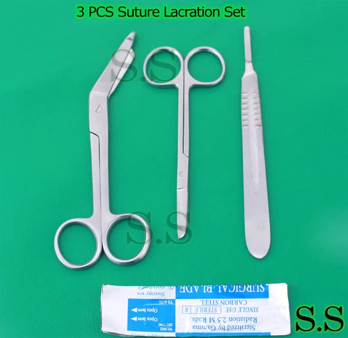 3 Pcs Laceration Kit Stitch 4.5" +Scissors 5.5"+ Scalpel Handle #4 ...
