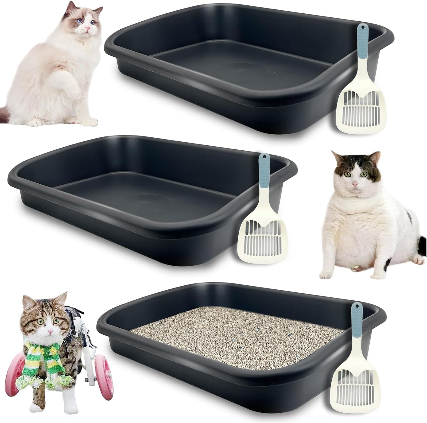 3 Pcs Large Cat Litter Box, Low Entry Senior Litter Box Open Top Pet ...